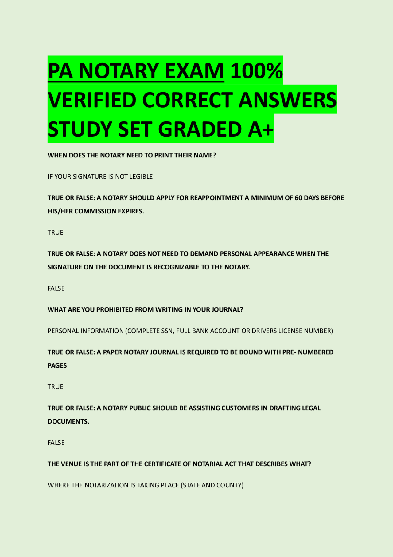 PA NOTARY EXAM 100% VERIFIED CORRECT ANSWERS STUDY SET GRADED A+ ...