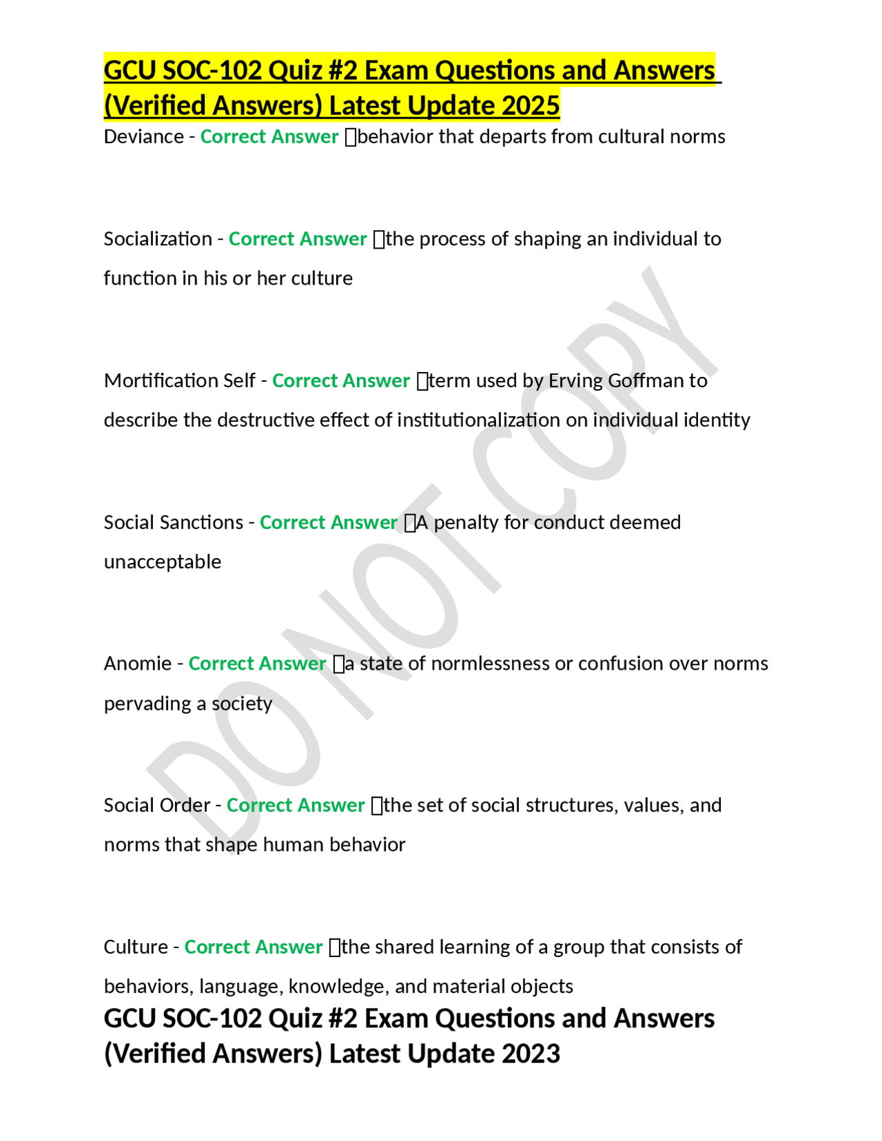 GCU SOC-102 Quiz #2 Exam Questions and Answers: Deviance, Socialization, and Social Order ...