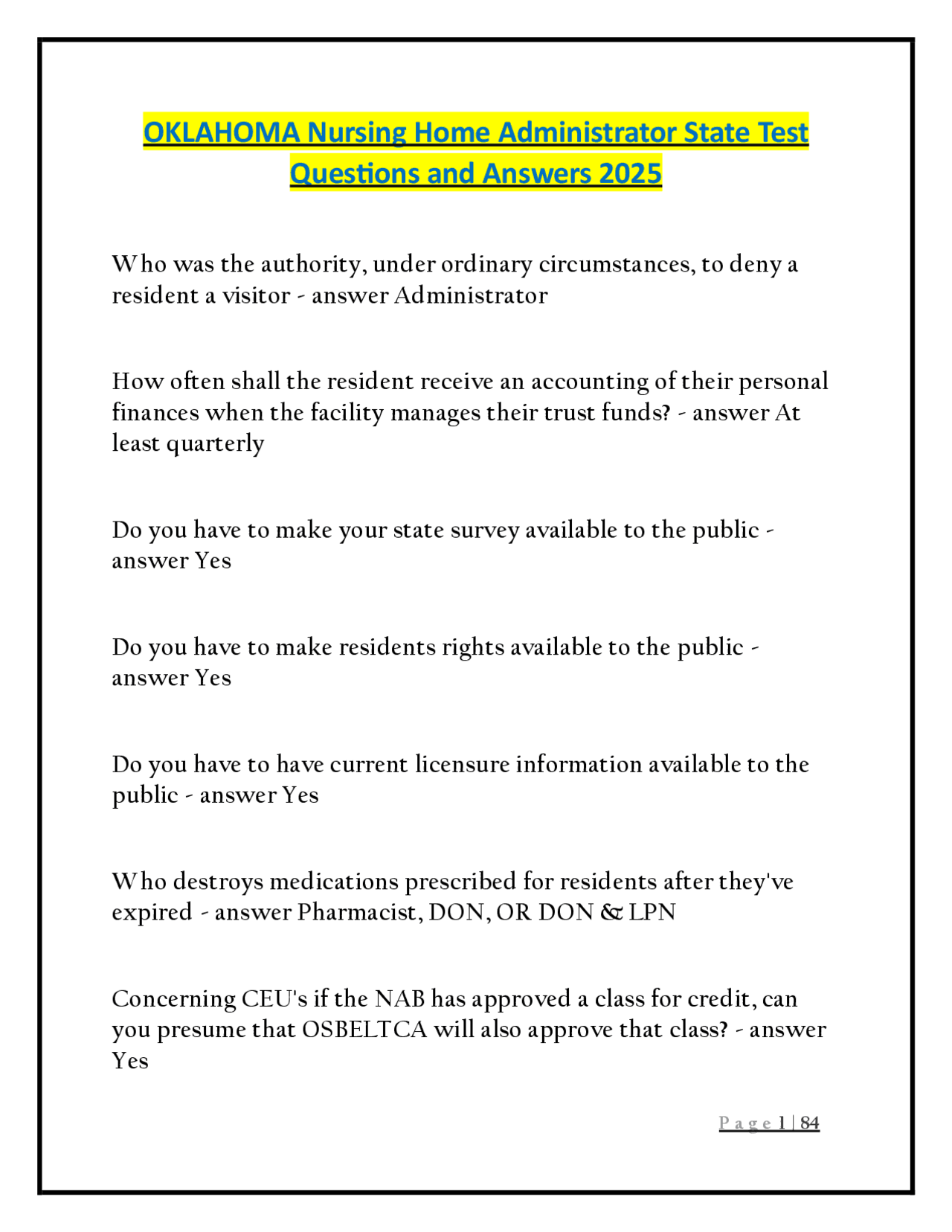 Oklahoma Nursing Home Administrator State Test Questions and Answers ...