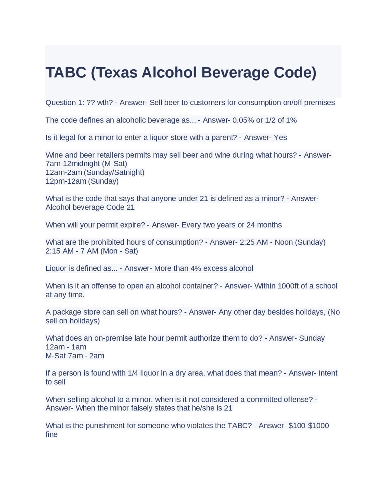 Texas Alcohol Beverage Code (TABC) Quiz: Questions and Answers | Exams ...