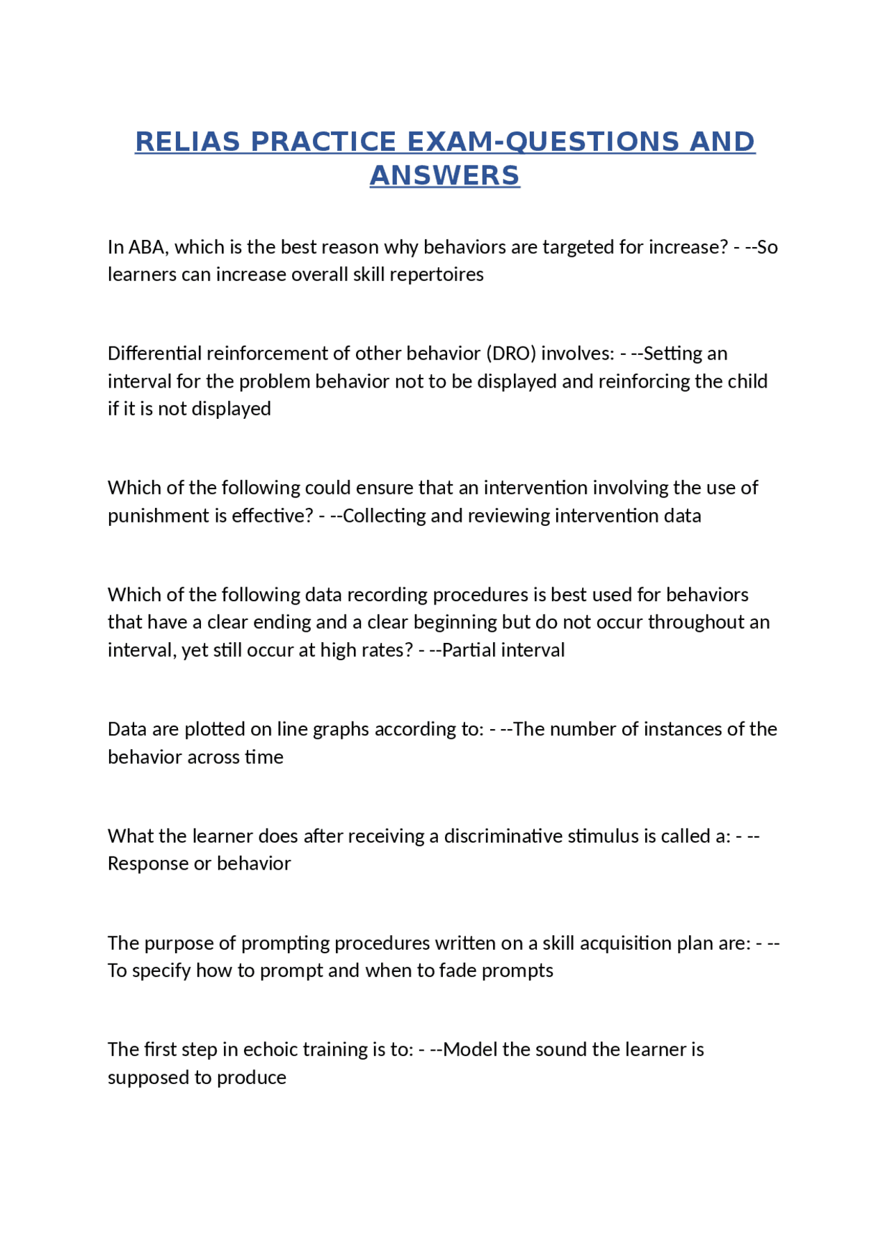 RELIAS Practice Exam - Questions and Answers: Applied Behavior Analysis (ABA) | Exams Advanced ...