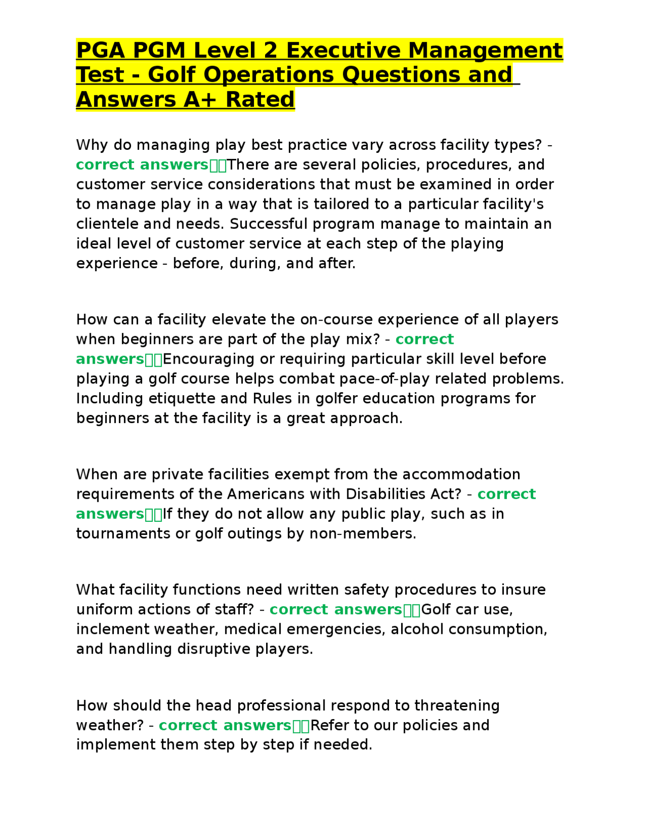 PGA PGM Level 2 Executive Management Test - Golf Operations Questions ...