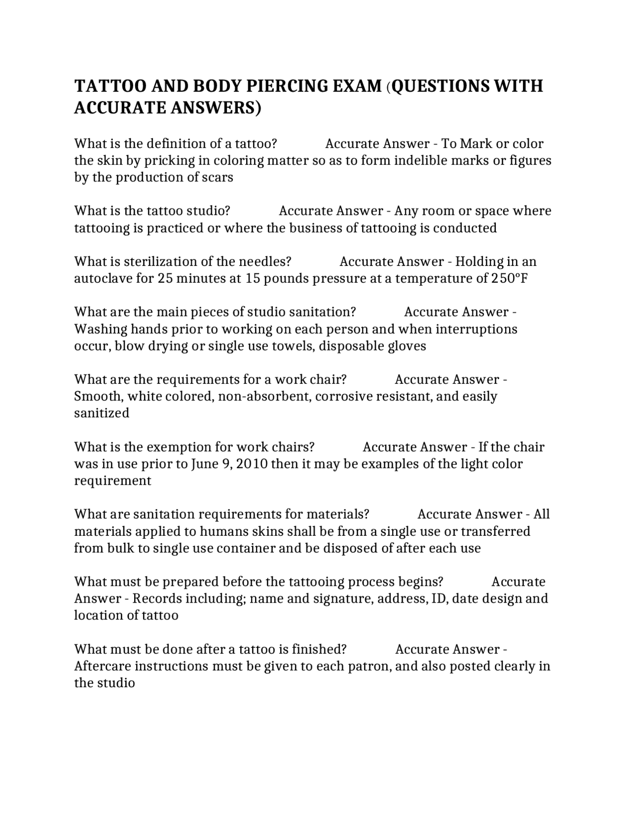 Tattoo and Body Piercing Exam: Questions and Answers | Exams Public ...