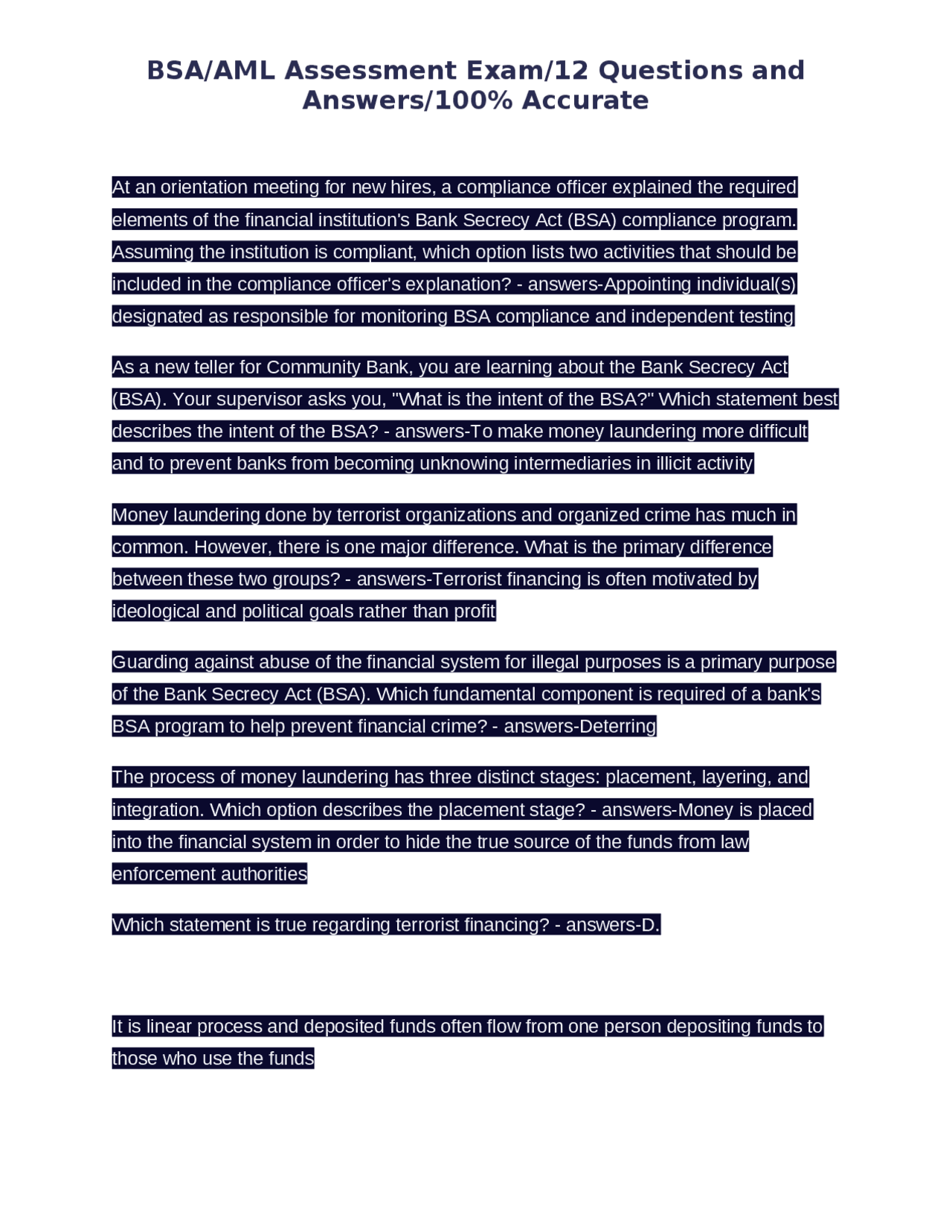 BSA/AML Assessment Exam: 12 Questions and Answers | Exams Nursing | Docsity