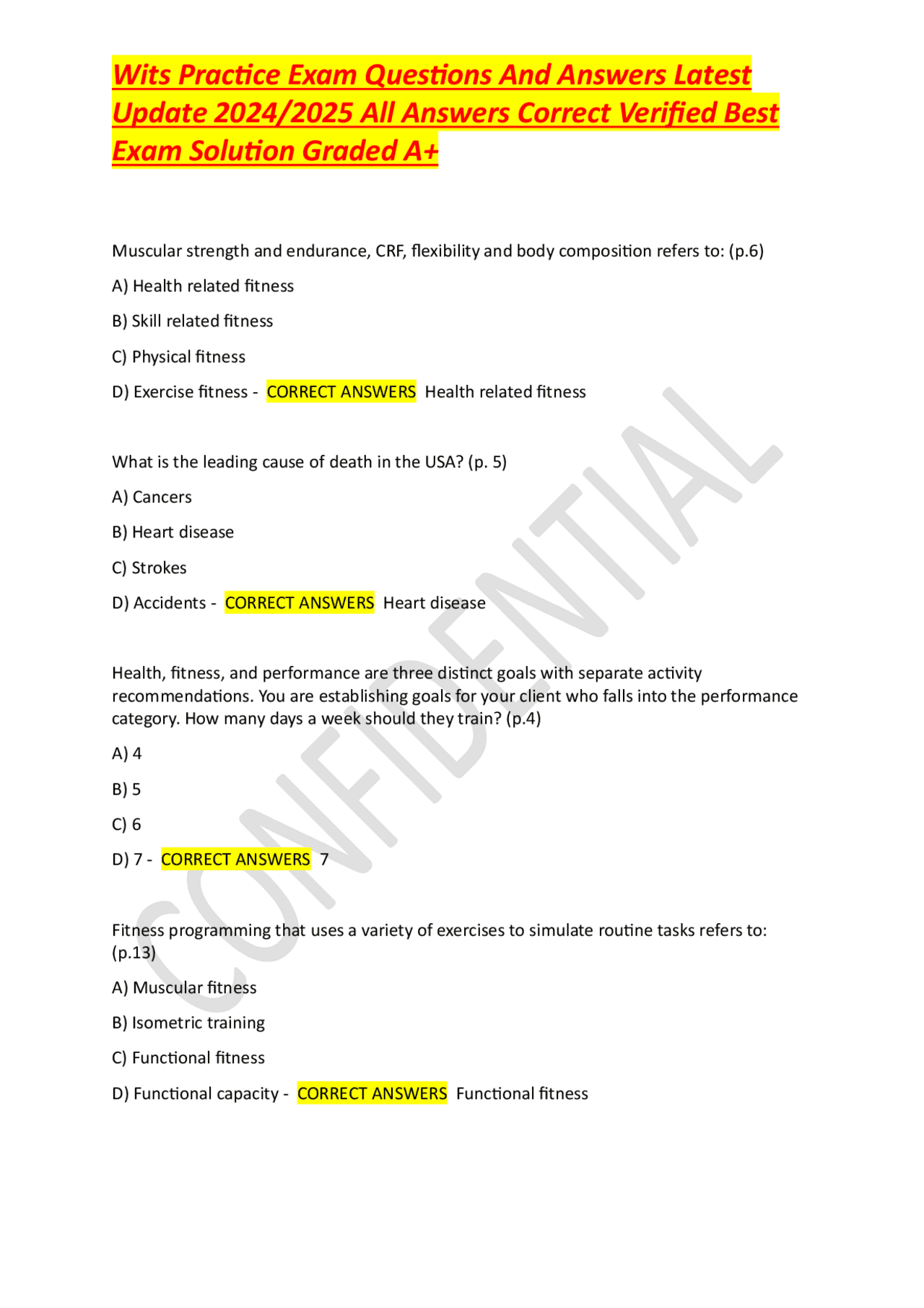 Wits Practice Exam Questions and Answers: Health, Fitness, and ...