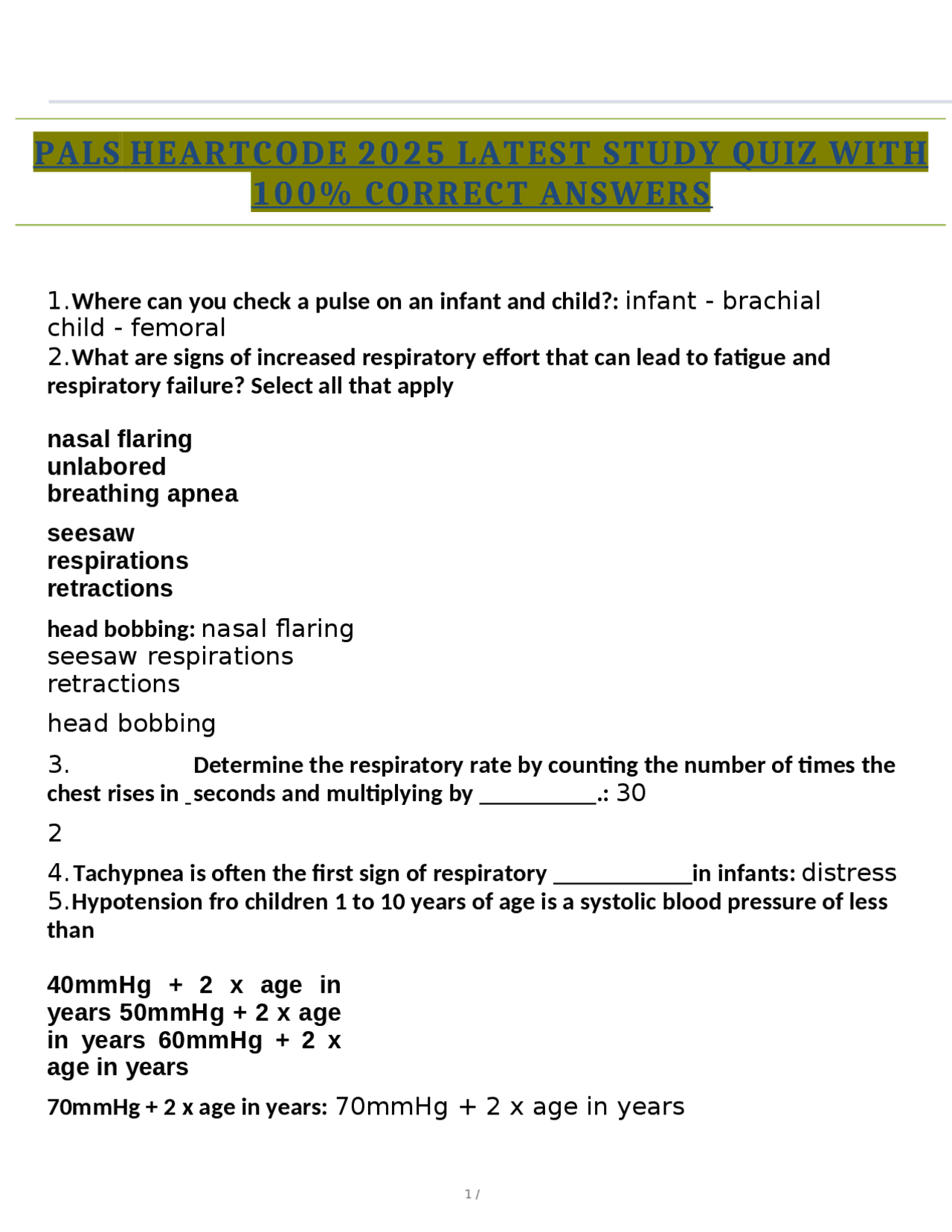 PALS HEARTCODE 2025 LATEST STUDY QUIZ WITH 100% CORRECT ANSWERS | Exams ...