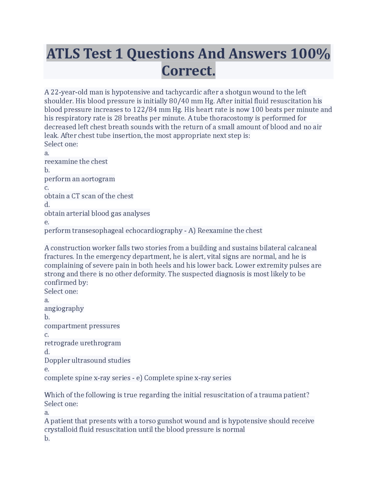 ATLS Test 1 Questions And Answers 100% Correct. | Exams Health sciences ...