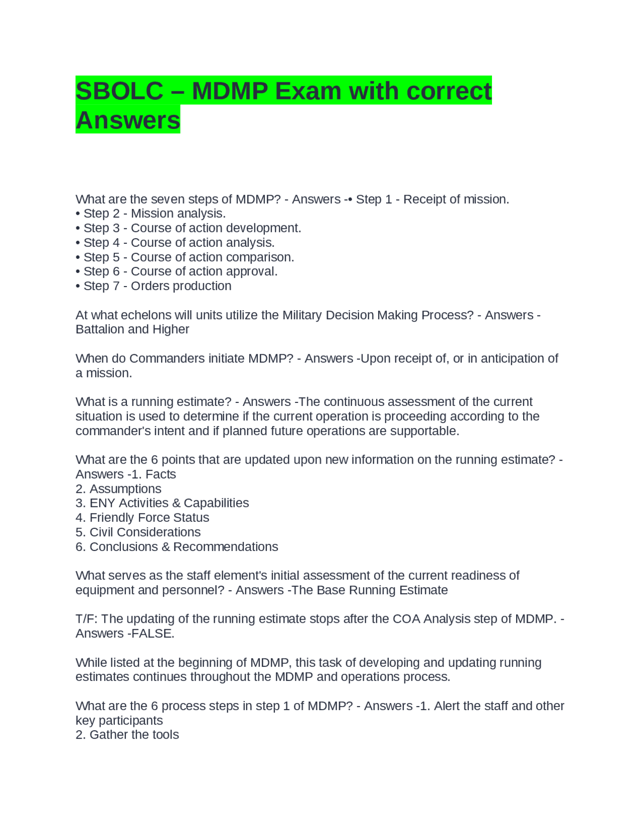 Military Decision Making Process (MDMP) Exam with Answers | Exams ...