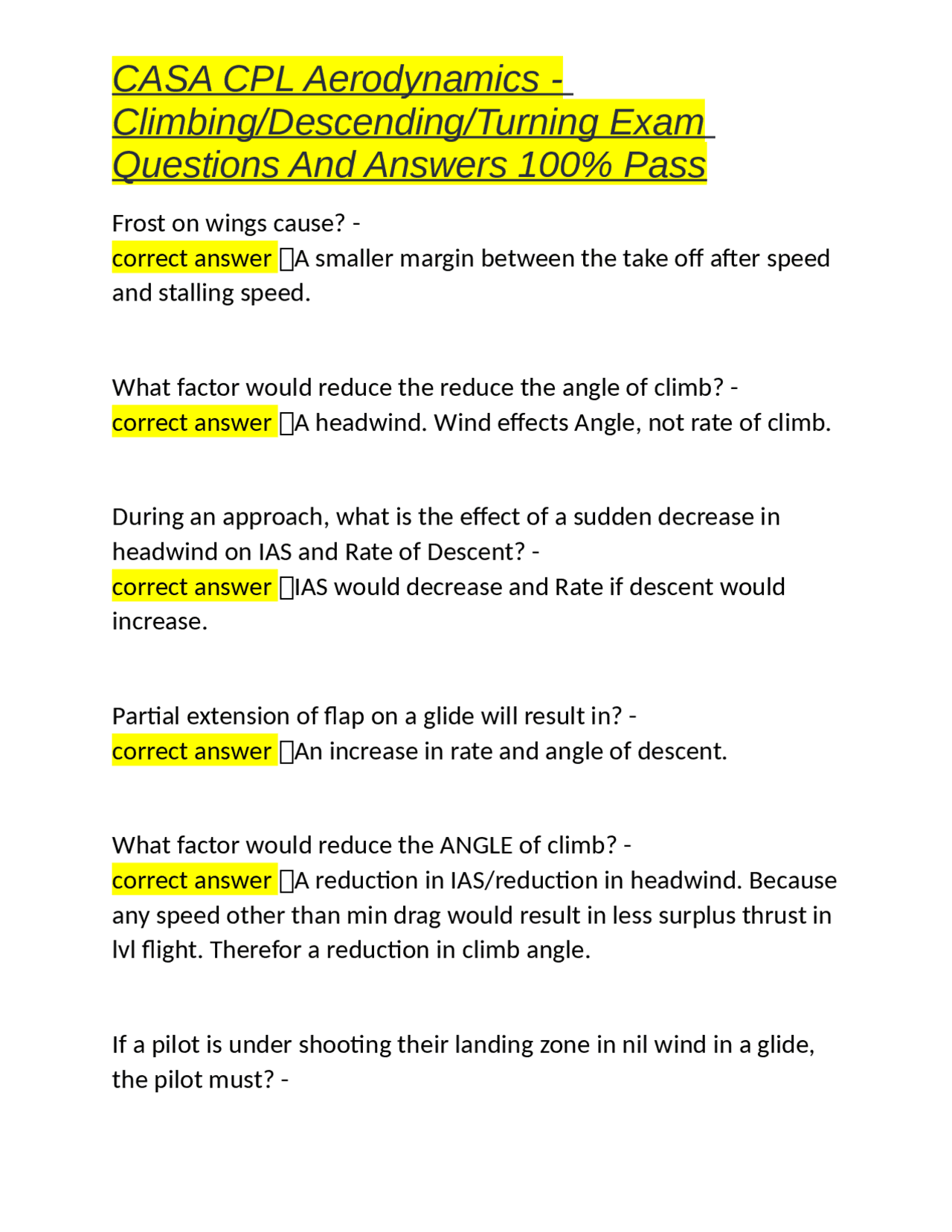 CASA CPL Aerodynamics - Climbing/Descending/Turning Exam Questions And ...