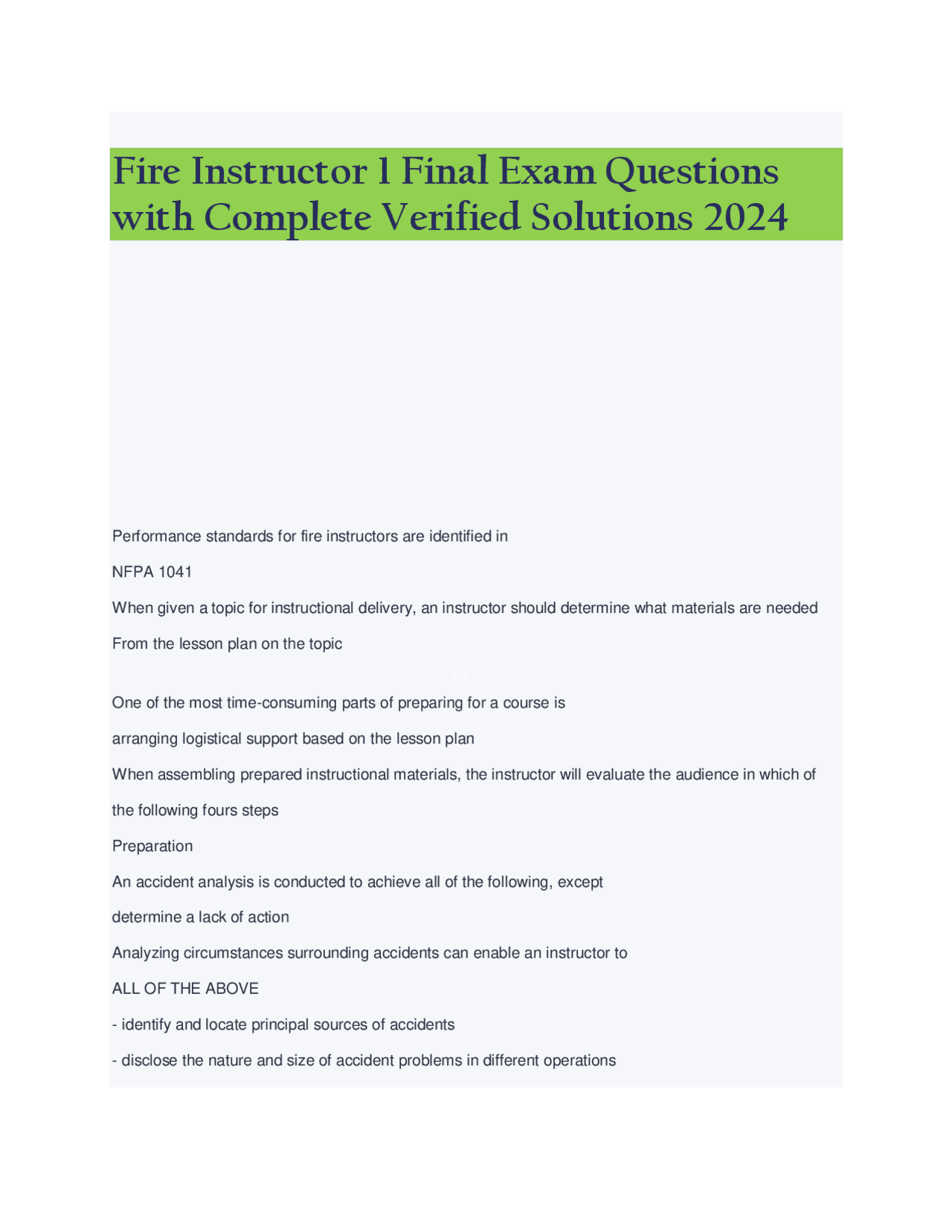 Fire Instructor 1 Final Exam Questions and Answers | Exams Safety and ...