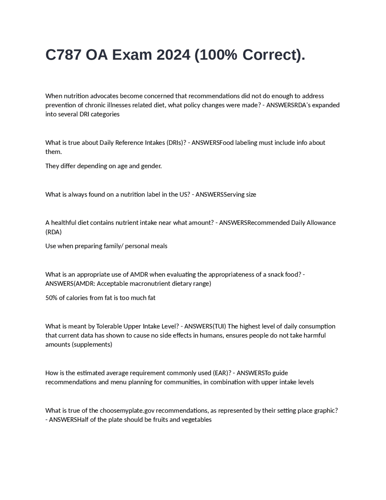 Nutrition Exam Questions & Answers: Dietary Guidelines and Health ...