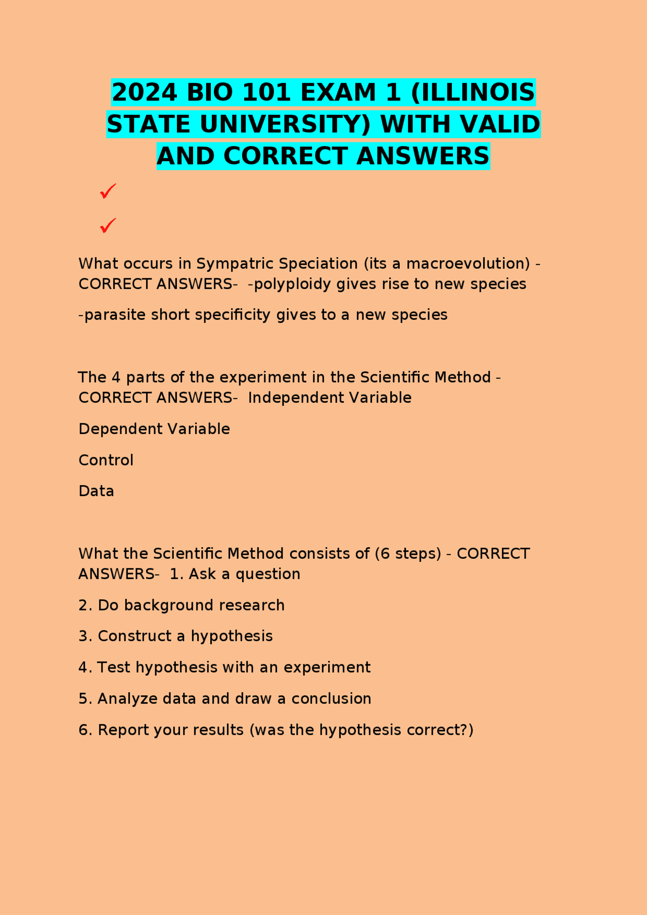 BIO 101 Exam 1: Key Concepts and Answers - Illinois State University ...
