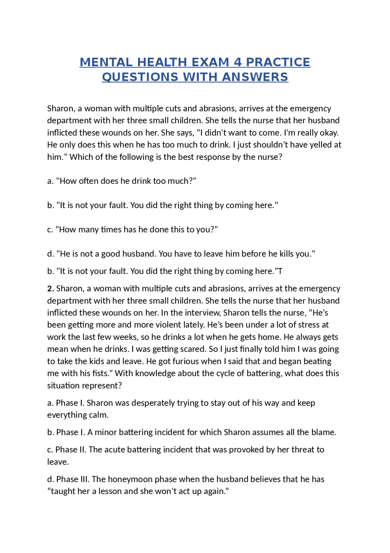 Mental Health Exam 4 Practice Questions with Answers | Exams Advanced ...