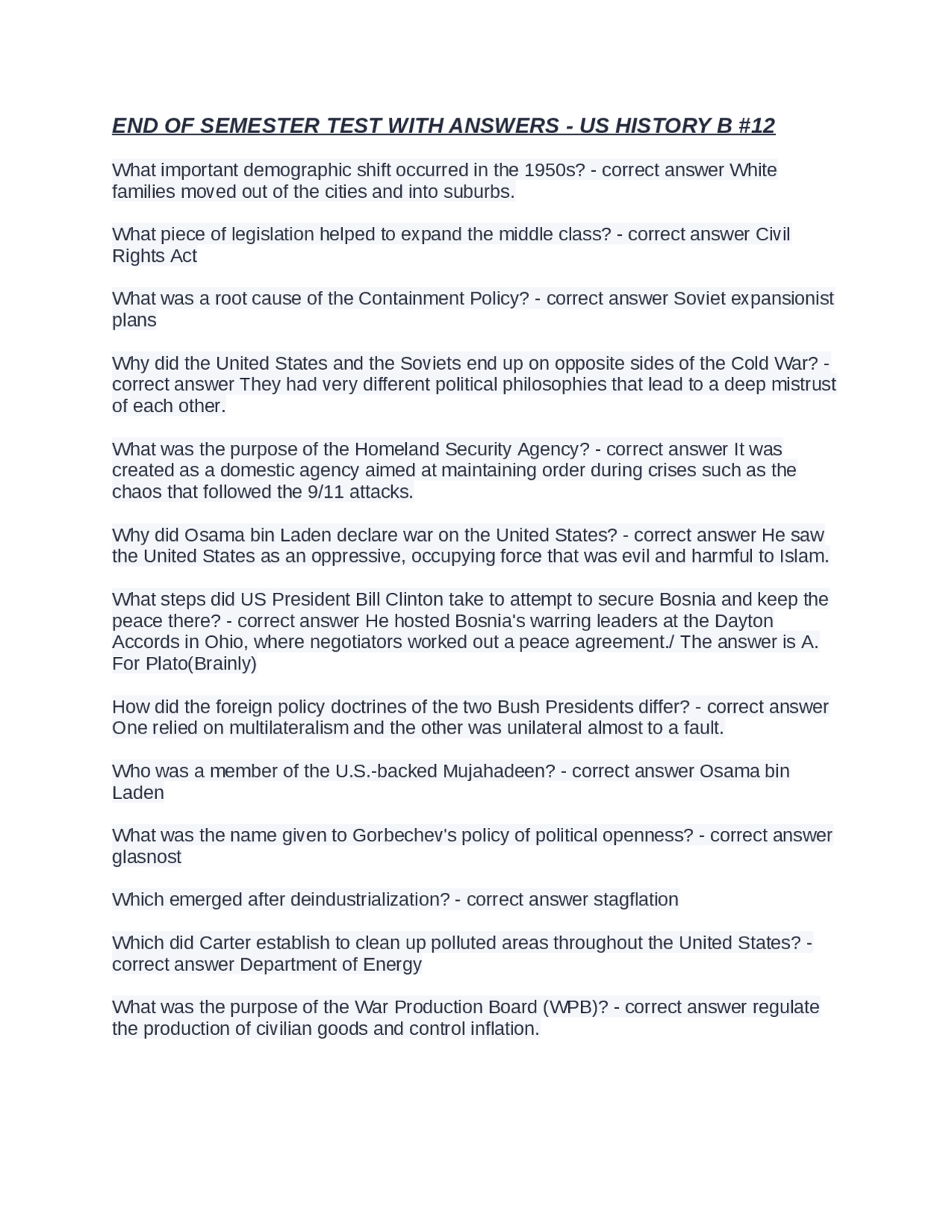 END OF SEMESTER TEST WITH ANSWERS - US HISTORY B #12 | Exams History ...