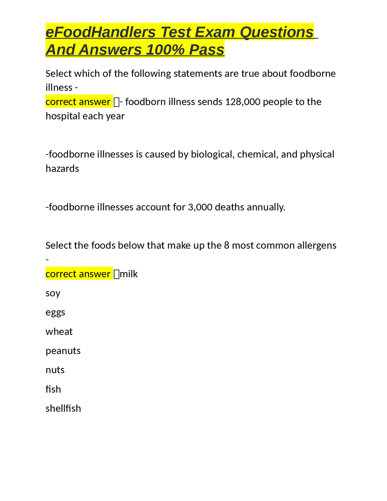 eFoodHandlers Test Exam Questions And Answers 100% Pass | Exams Food ...
