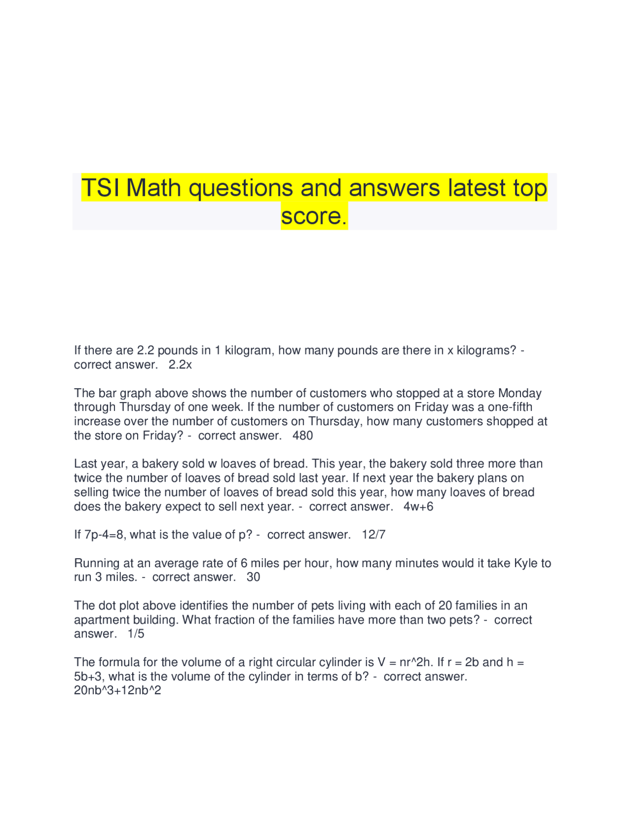 TSI Math questions and answers latest top score. | Exams Mathematical ...