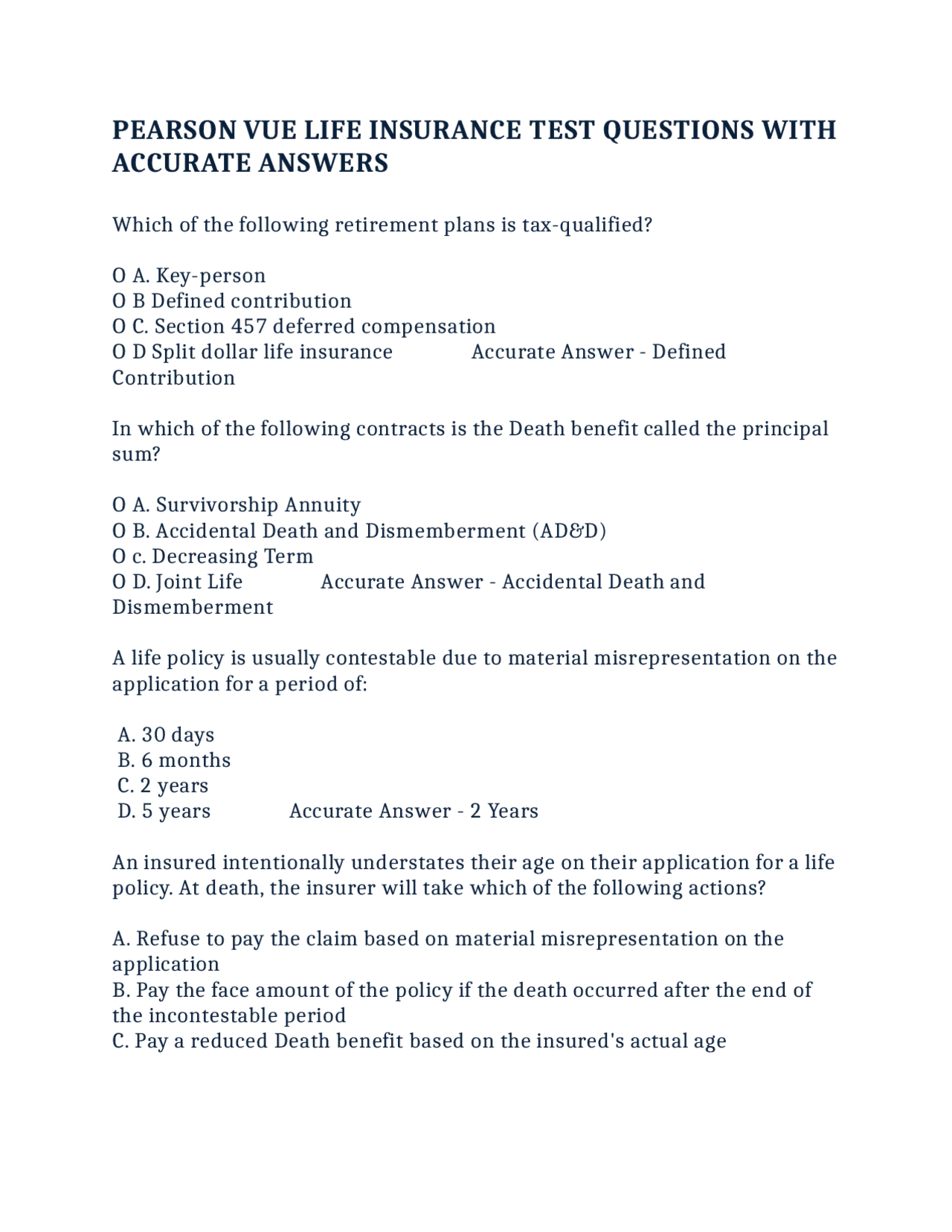 Life Insurance Test Questions and Answers | Exams Public Health | Docsity