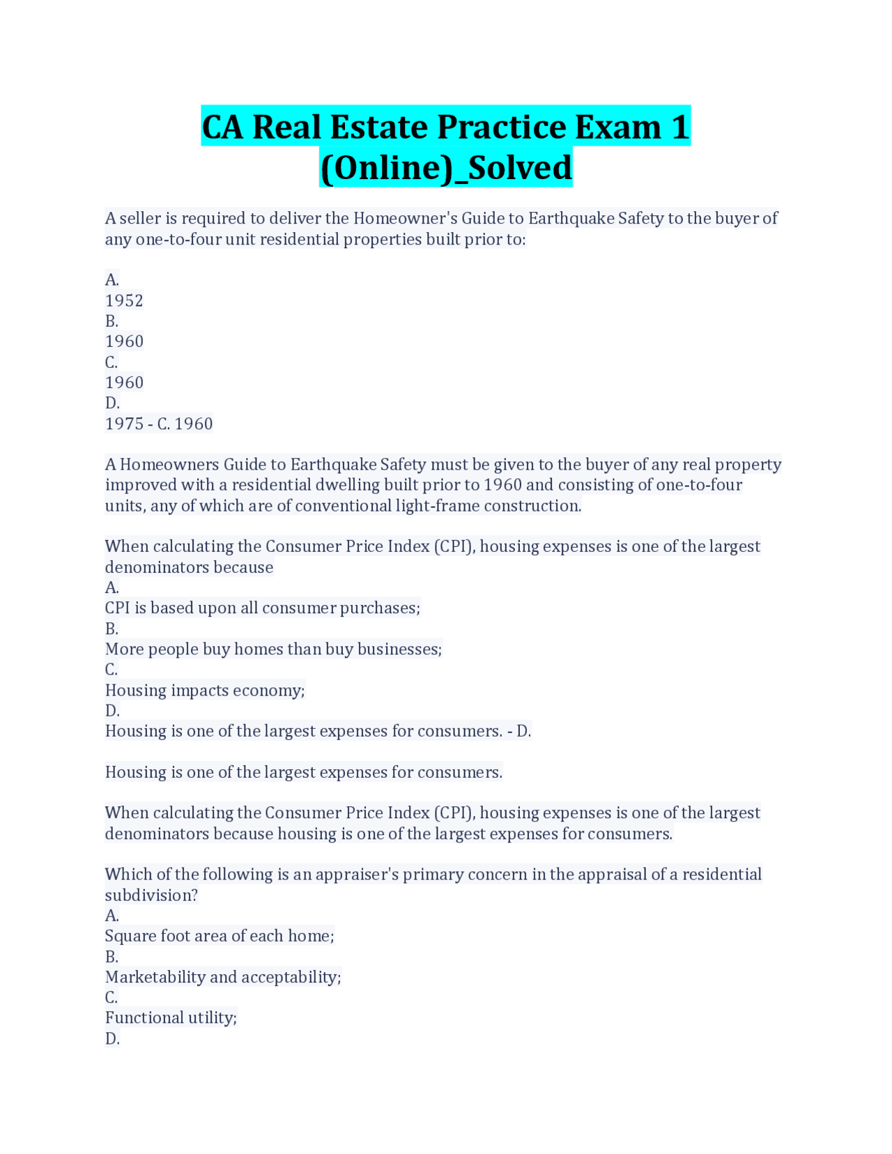 CA Real Estate Practice Exam 1: Solved Multiple Choice Questions ...