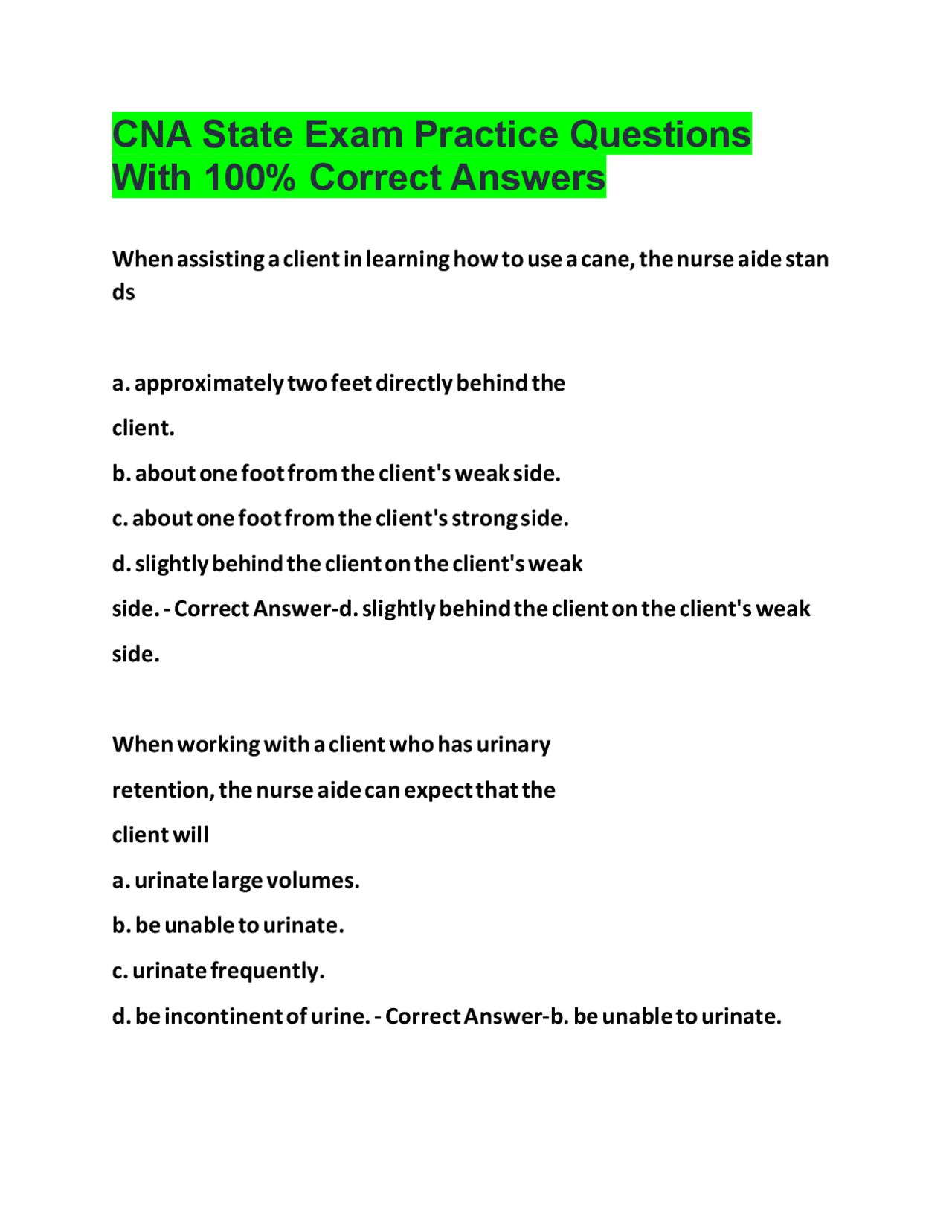 CNA State Exam Practice Questions with 100% Correct Answers | Exams ...