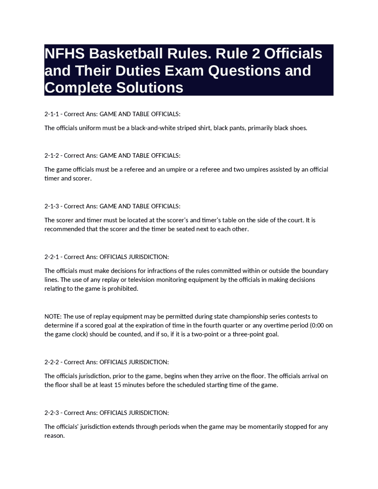 NFHS Basketball Rules: Officials and Their Duties Exam Questions and ...