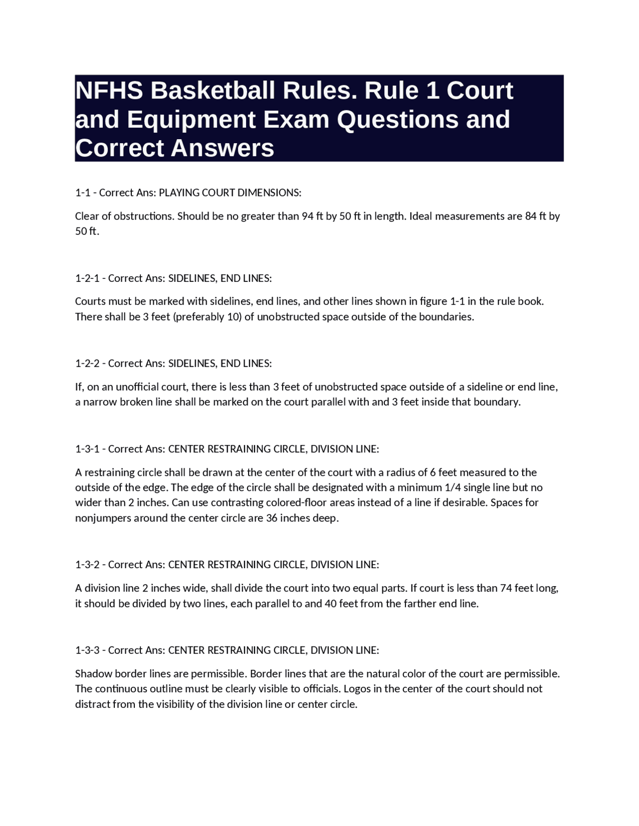 NFHS Basketball Rules. Rule 1 Court and Equipment Exam Questions and ...