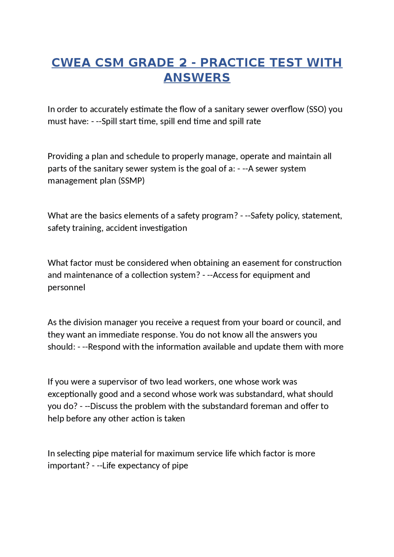 CWEA CSM GRADE 2 - PRACTICE TEST WITH ANSWERS | Exams Advanced ...