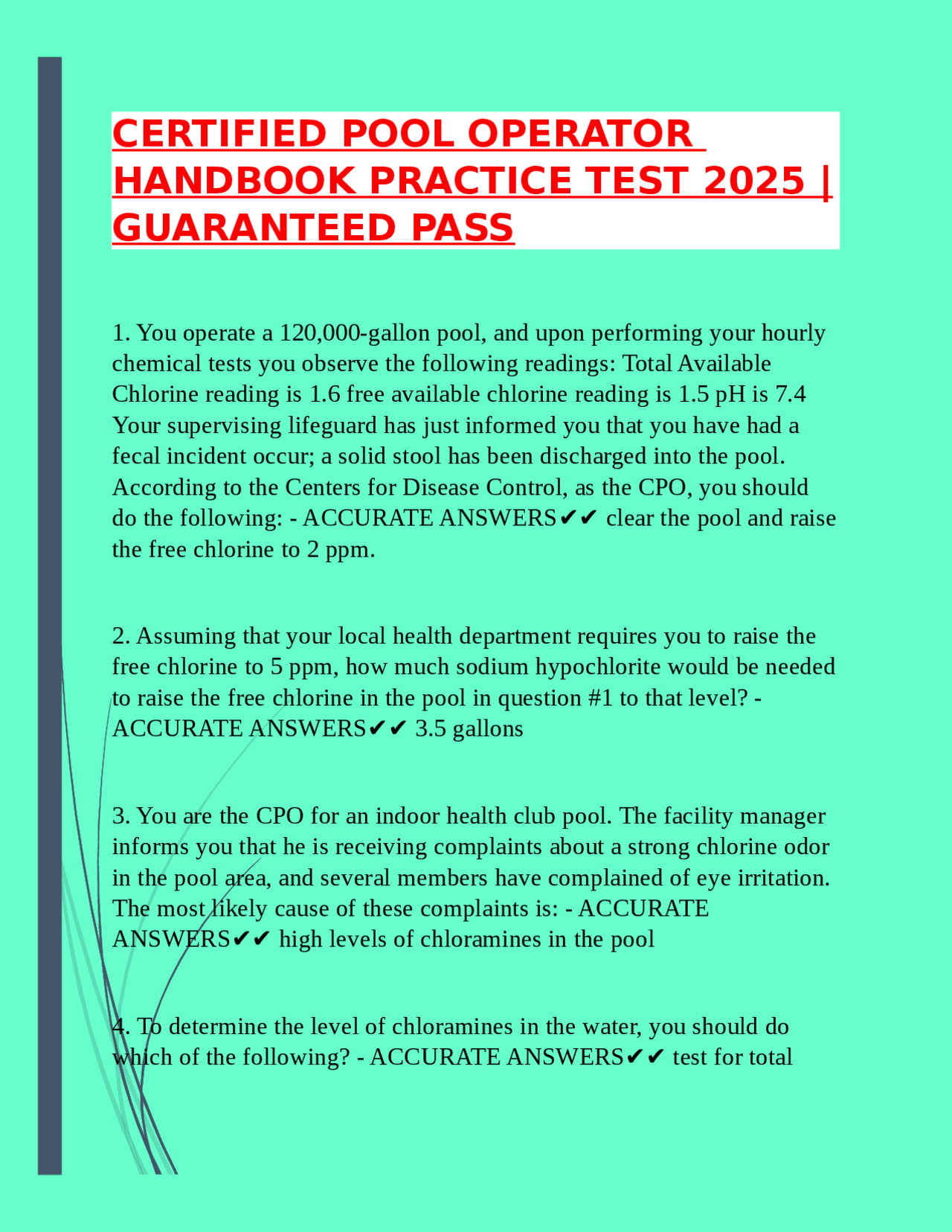 Certified Pool Operator Handbook Practice Test: 2025 | Exams Nursing ...
