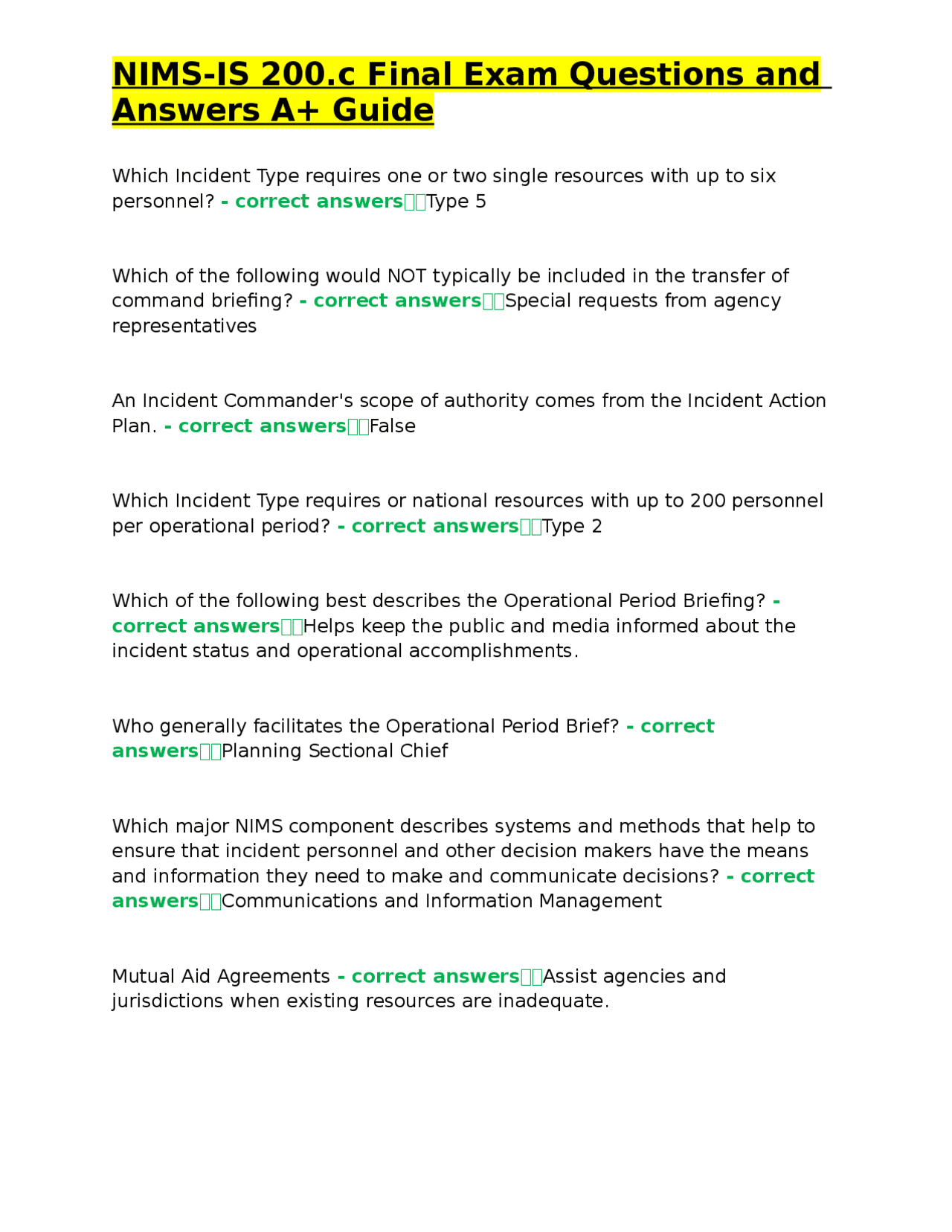 NIMS-IS 200.c Final Exam Questions and Answers A+ Guide | Exams Nursing | Docsity