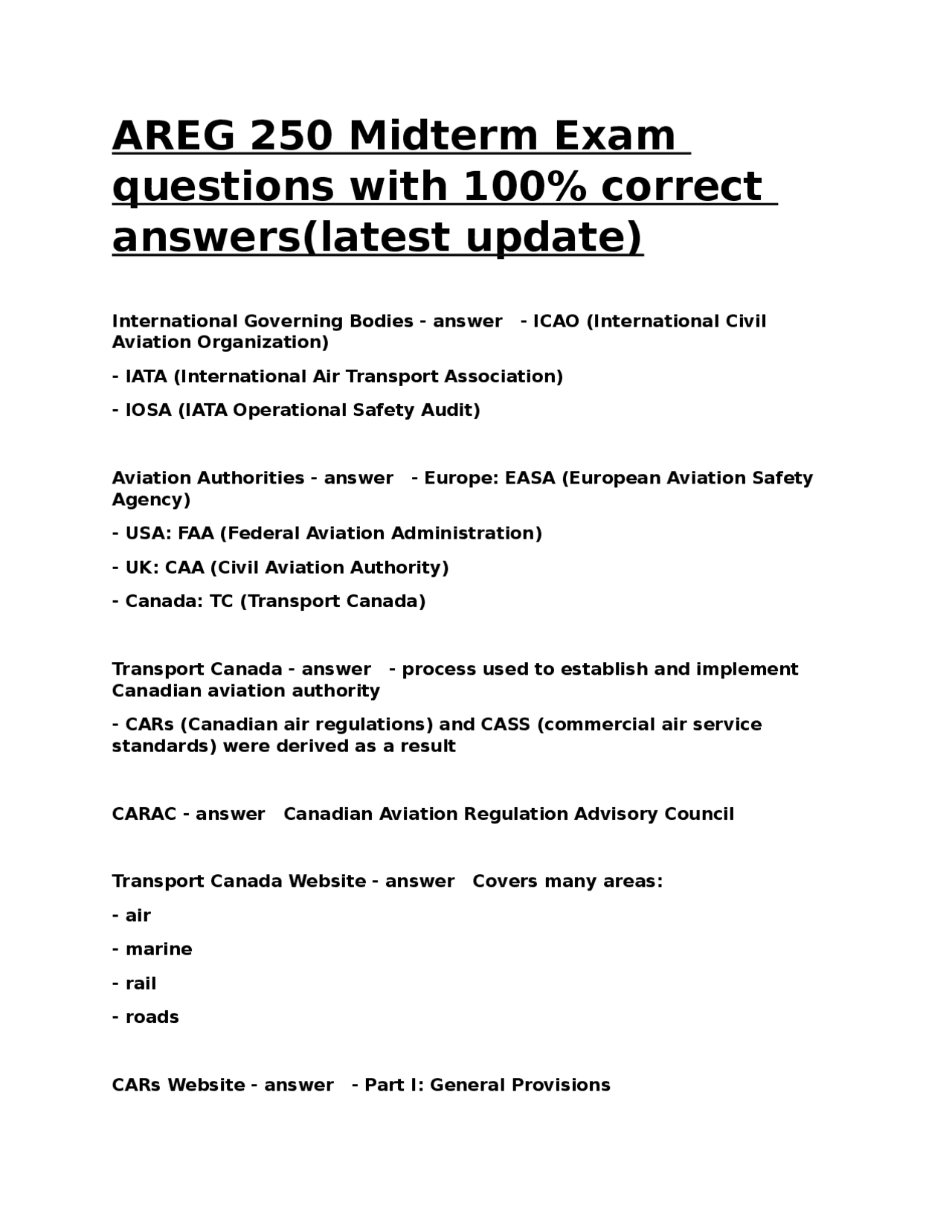 AREG 250 Midterm Exam: Canadian Aviation Regulations and Airworthiness ...
