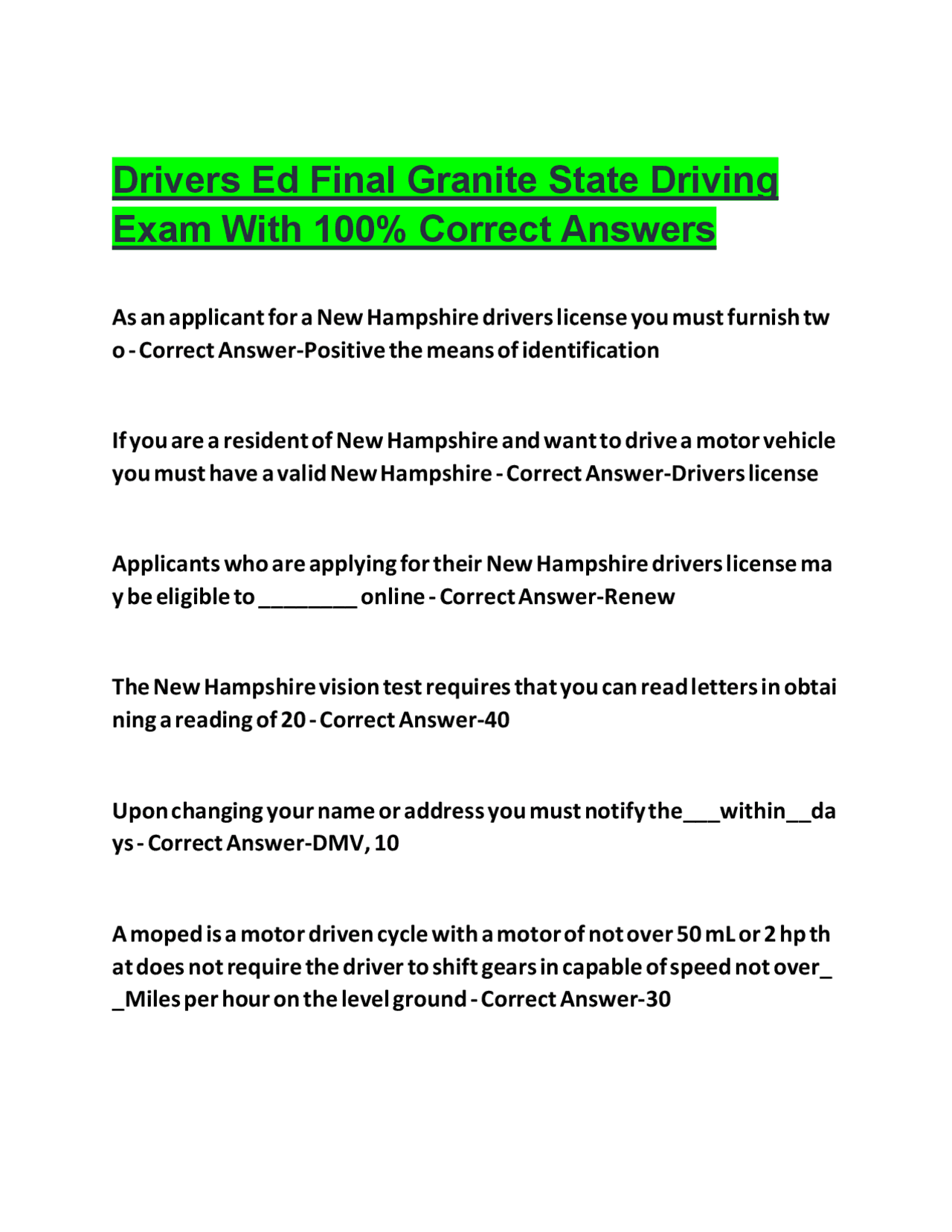 Drivers Ed Final Granite State Driving Exam With 100% Correct Answers ...