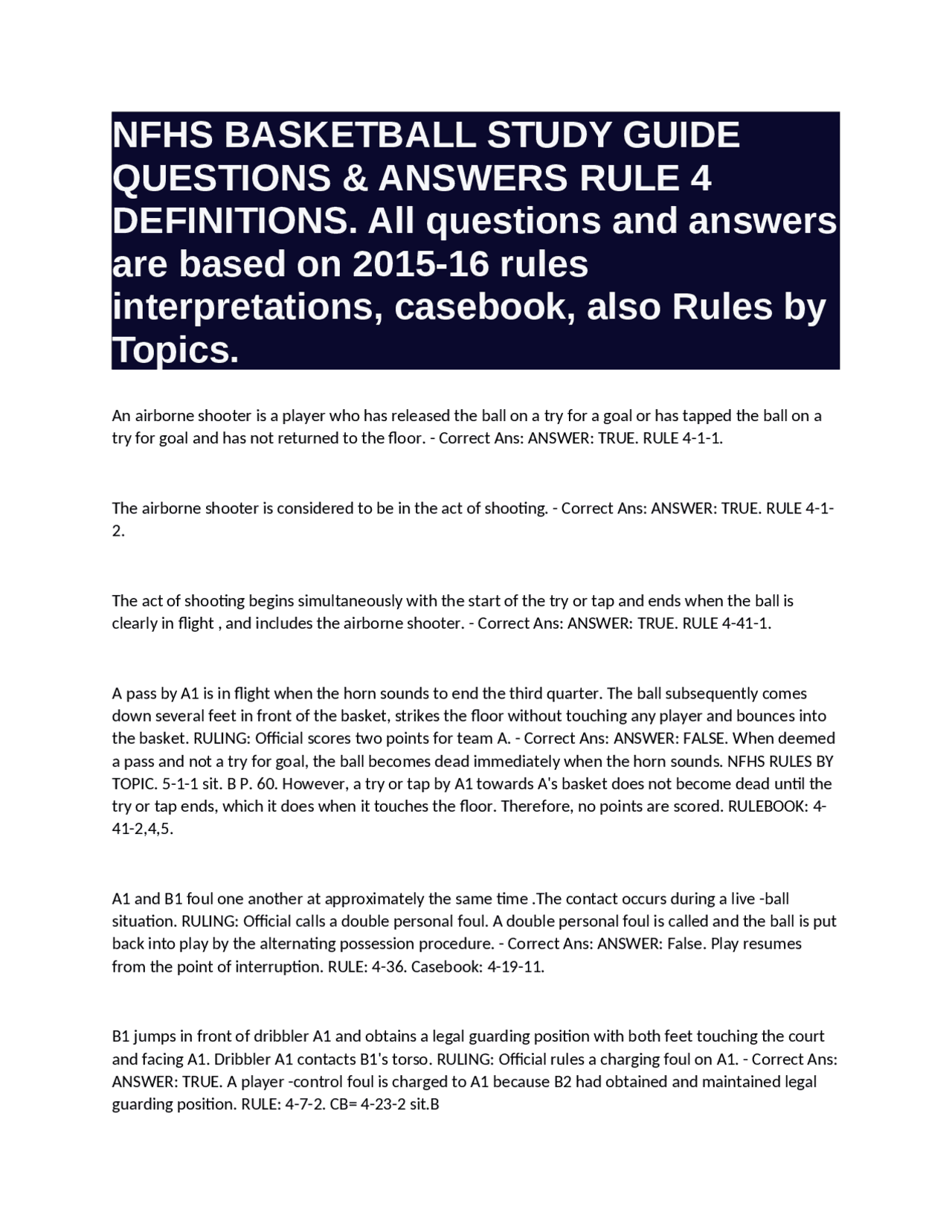 NFHS Basketball Study Guide: Questions & Answers - Rule 4 Definitions ...