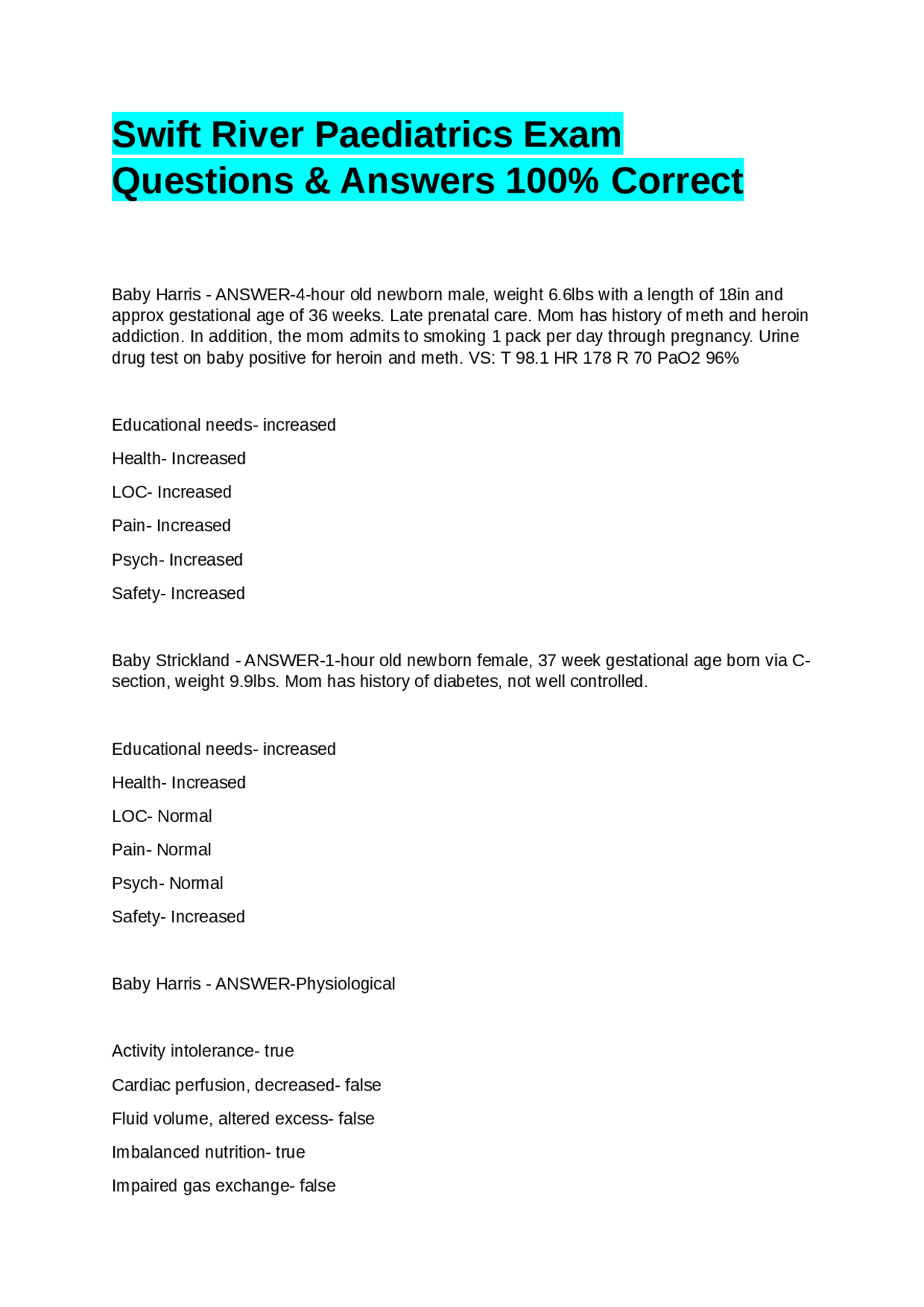 Swift River Paediatrics Exam: Questions & Answers | Exams Nursing | Docsity