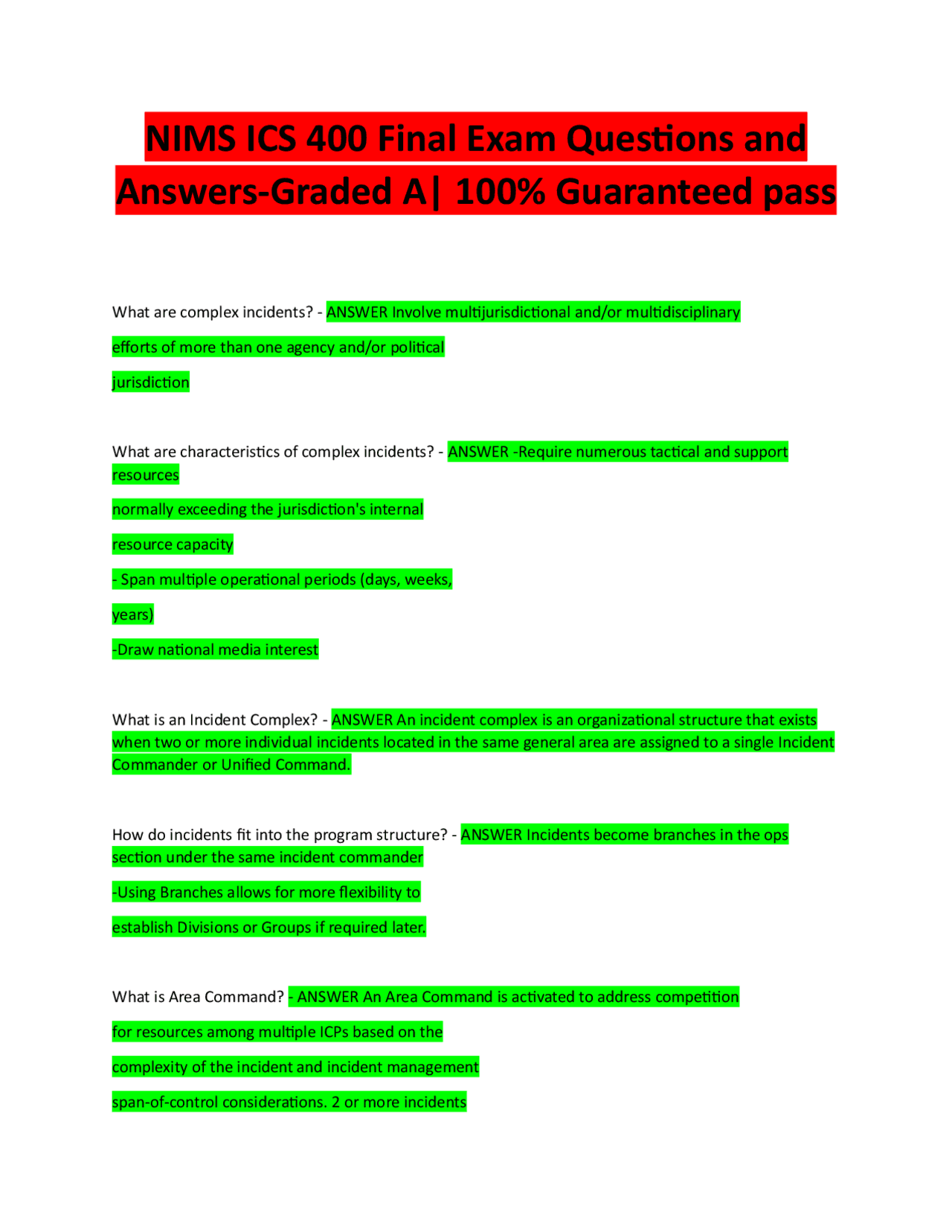 NIMS ICS 400 Final Exam Questions and Answers | Exams Service ...