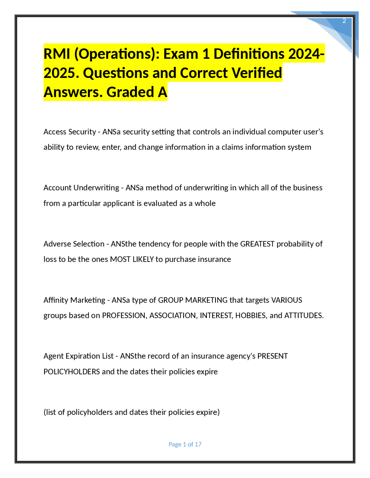 RMI (Operations): Exam 1 Definitions 2024-2025. Questions and Correct ...