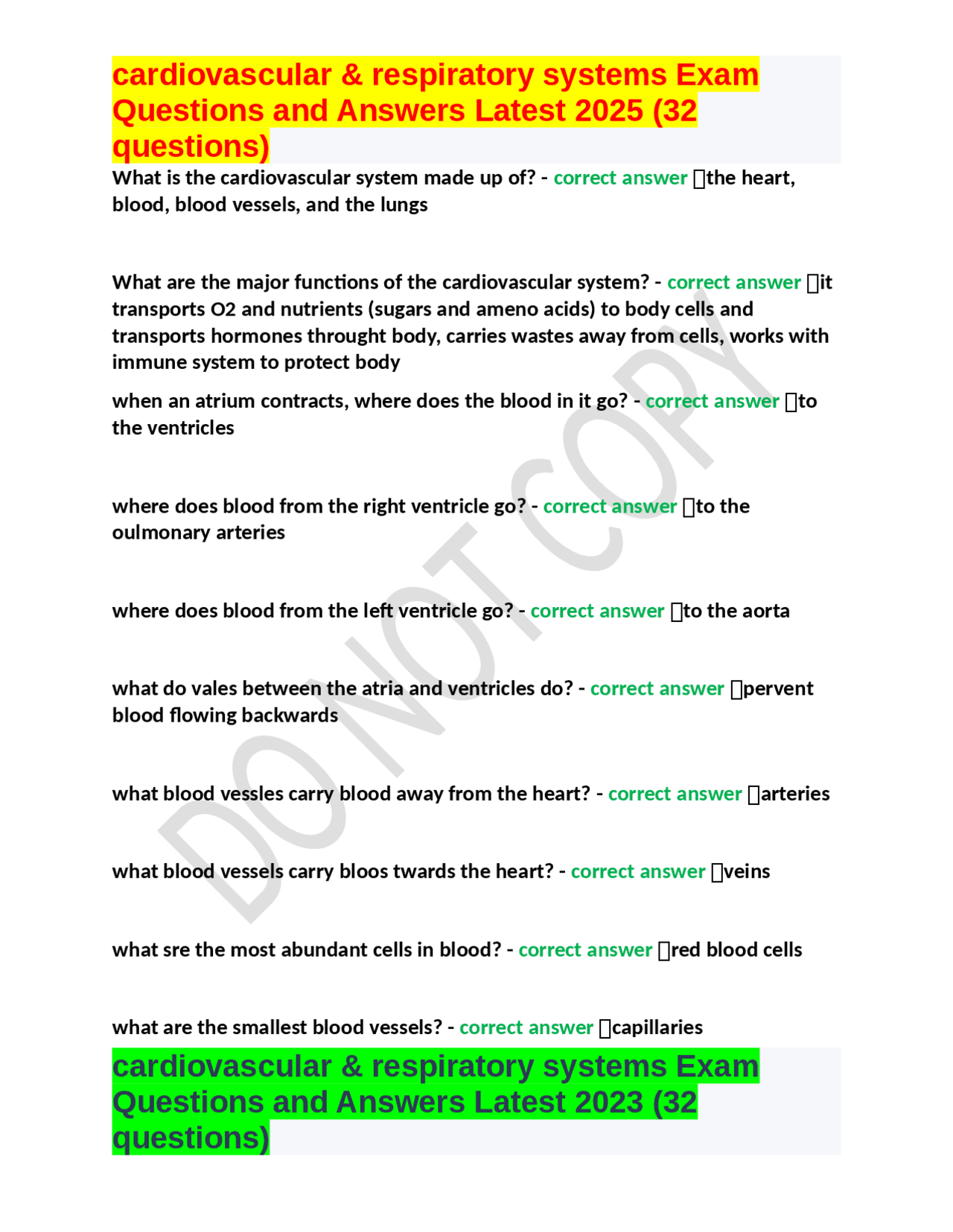 Cardiovascular & Respiratory Systems Exam Questions and Answers | Exams ...