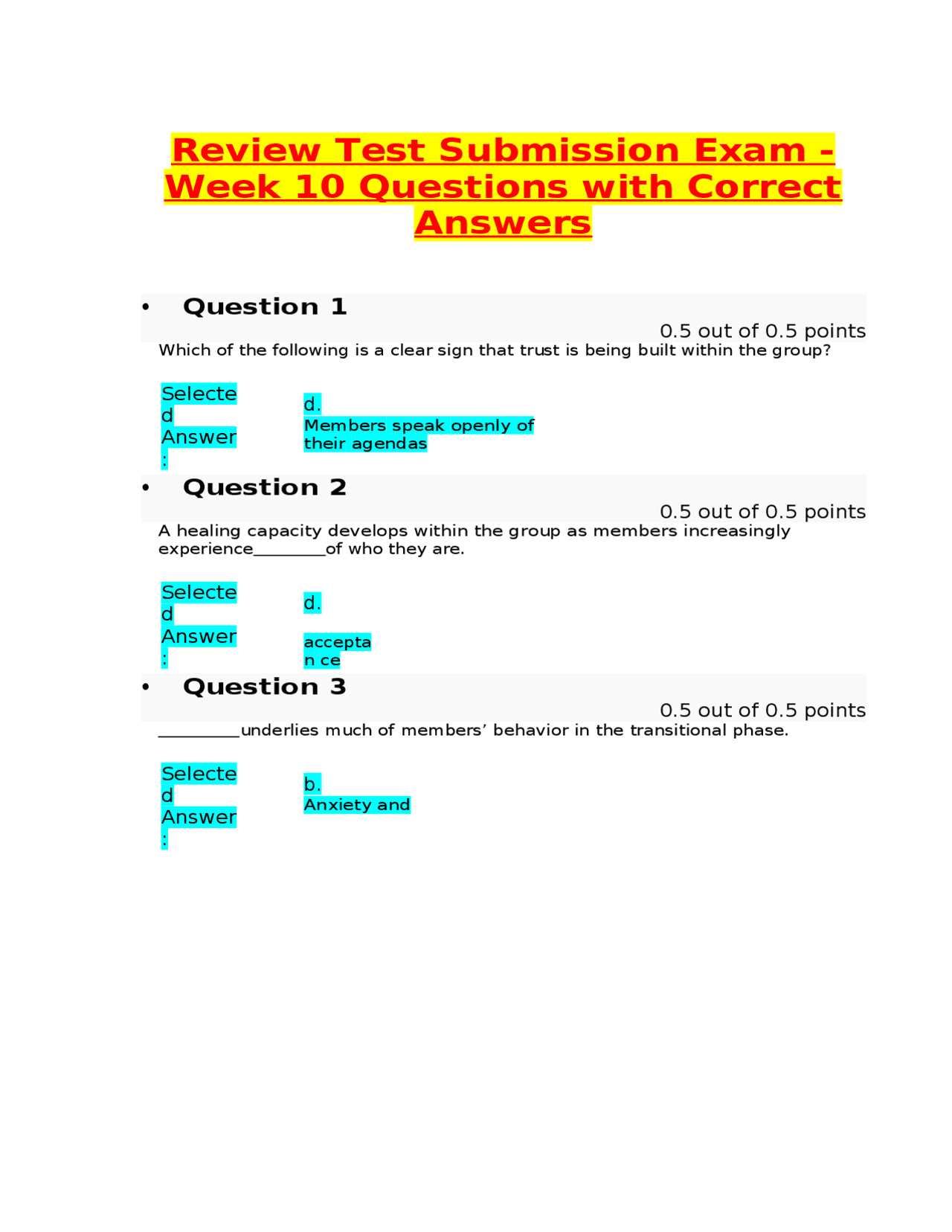 Group Counseling: A Review Test Submission Exam - Week 10 Questions ...