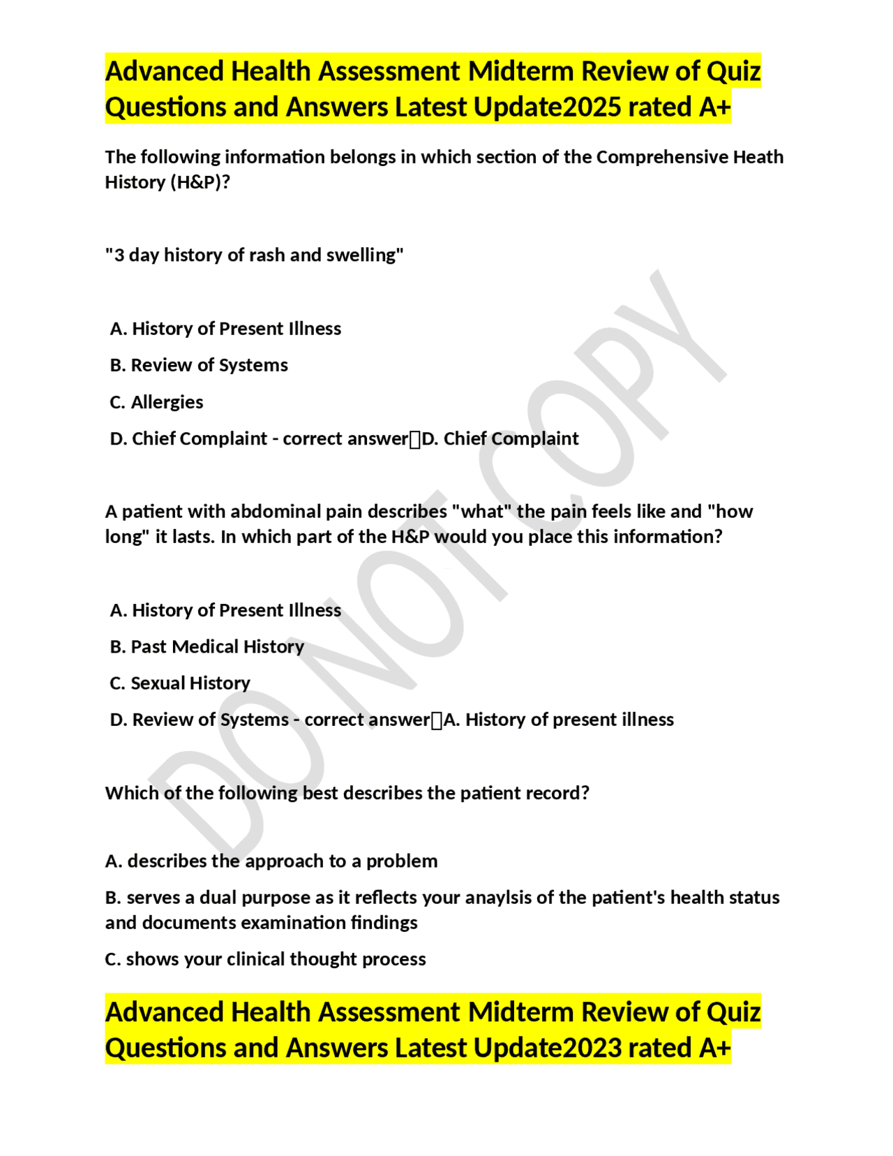 Advanced Health Assessment Midterm Review: Quiz Questions and Answers ...