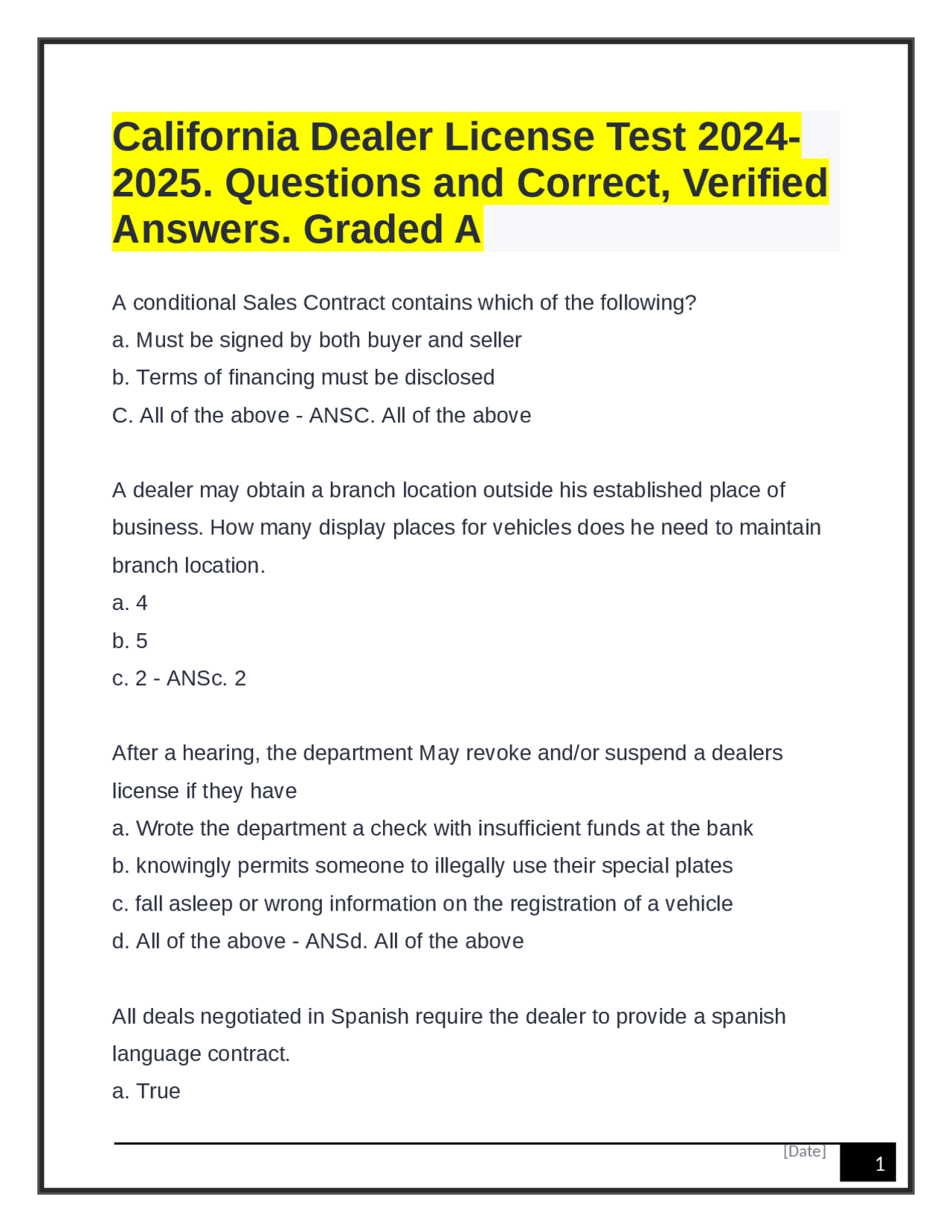 California Dealer License Test 2024-2025. Questions & Correct, Verified ...