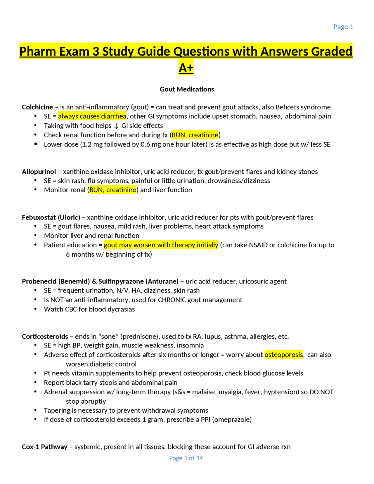 Gout, NSAIDs, Diabetes, and Thyroid Medications: Exam 3 Study Guide ...