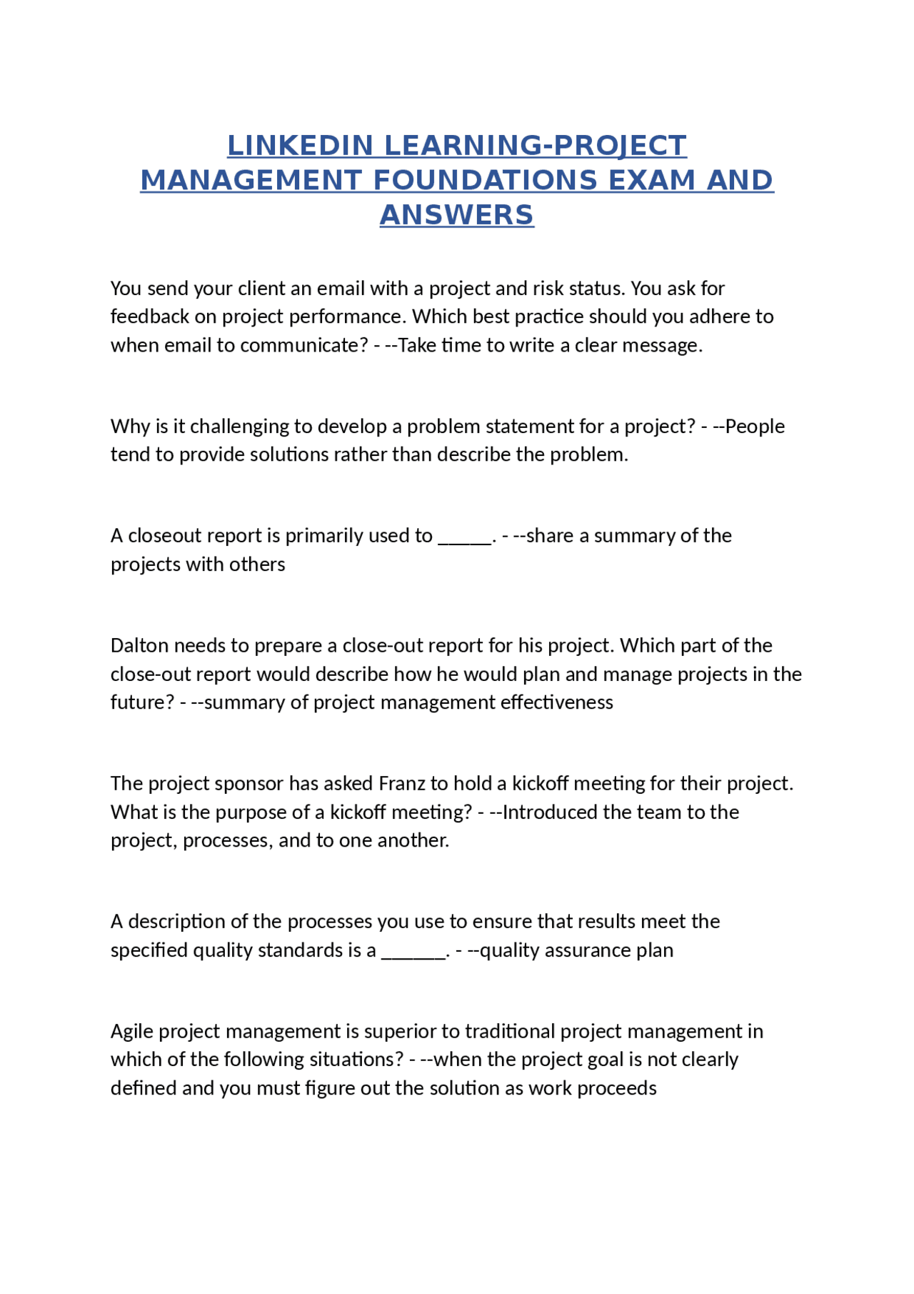 LINKEDIN LEARNING-PROJECT MANAGEMENT FOUNDATIONS EXAM AND ANSWERS ...