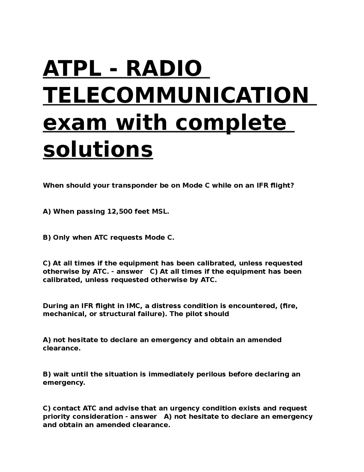 ATPL - Radio Telecommunication Exam with Complete Solutions | Exams ...