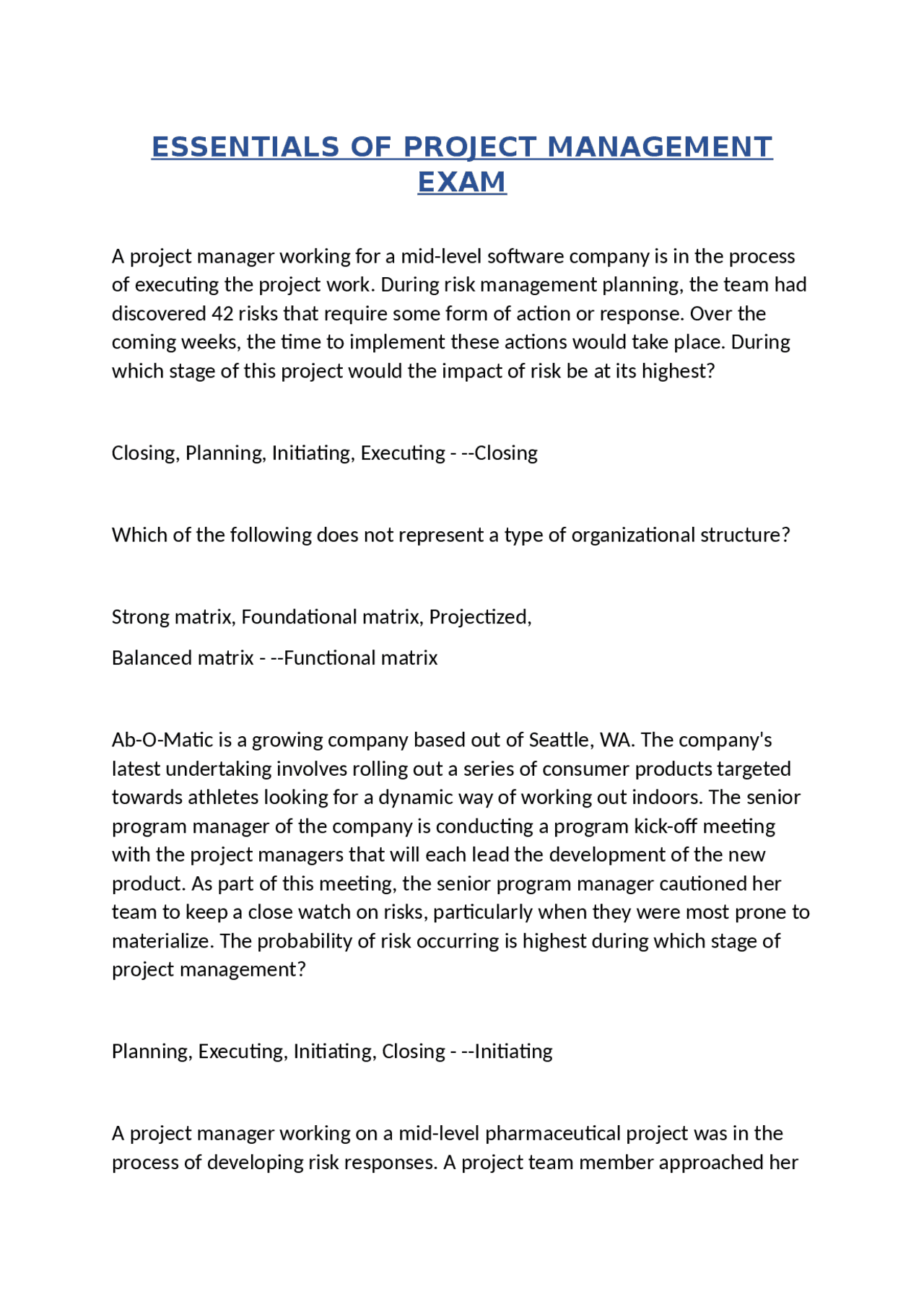 Essentials of Project Management Exam: Multiple Choice Questions and ...