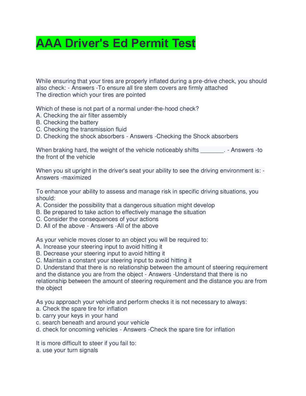 AAA Driver's Ed Permit Test: Multiple Choice Questions and Answers ...