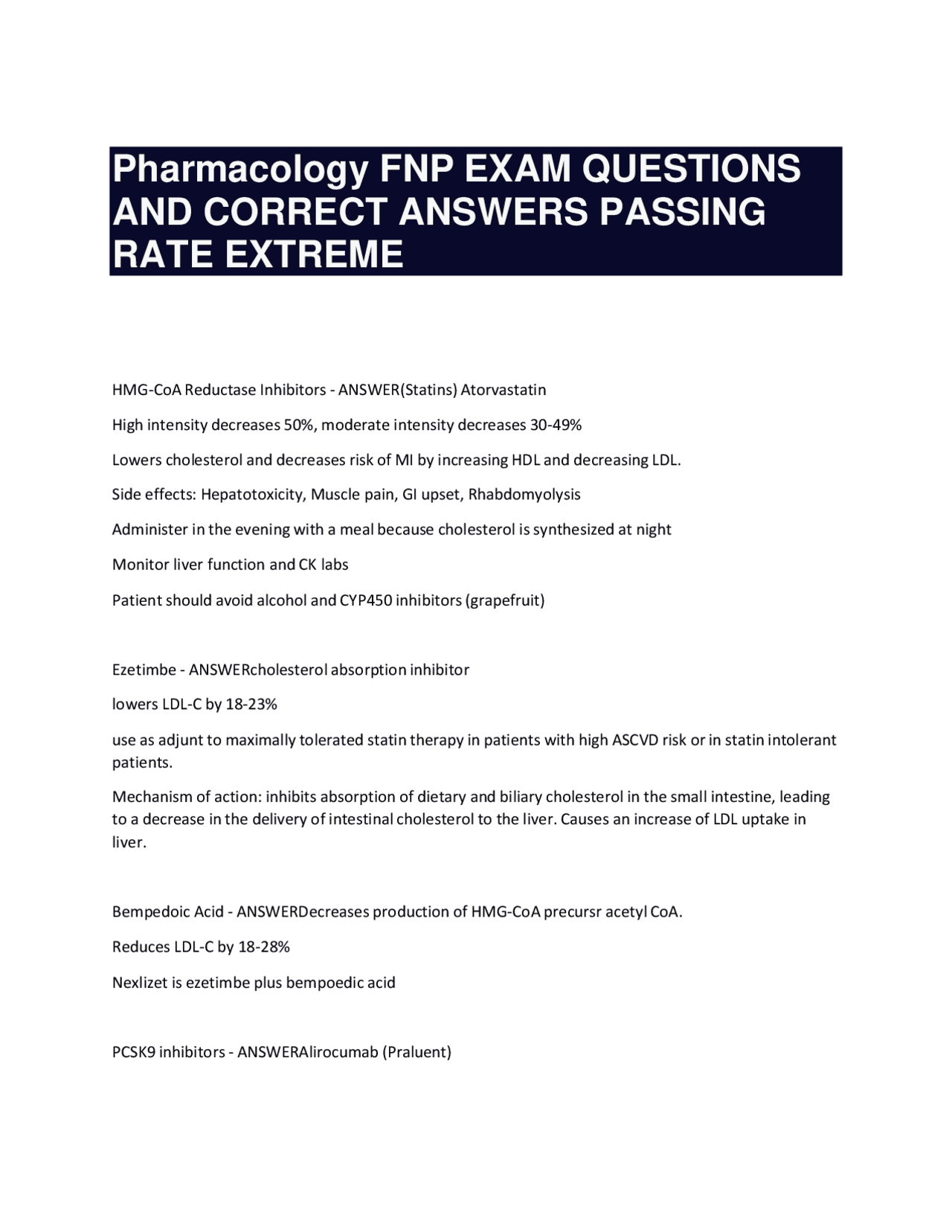 Pharmacology FNP EXAM QUESTIONS AND CORRECT ANSWERS PASSING RATE ...