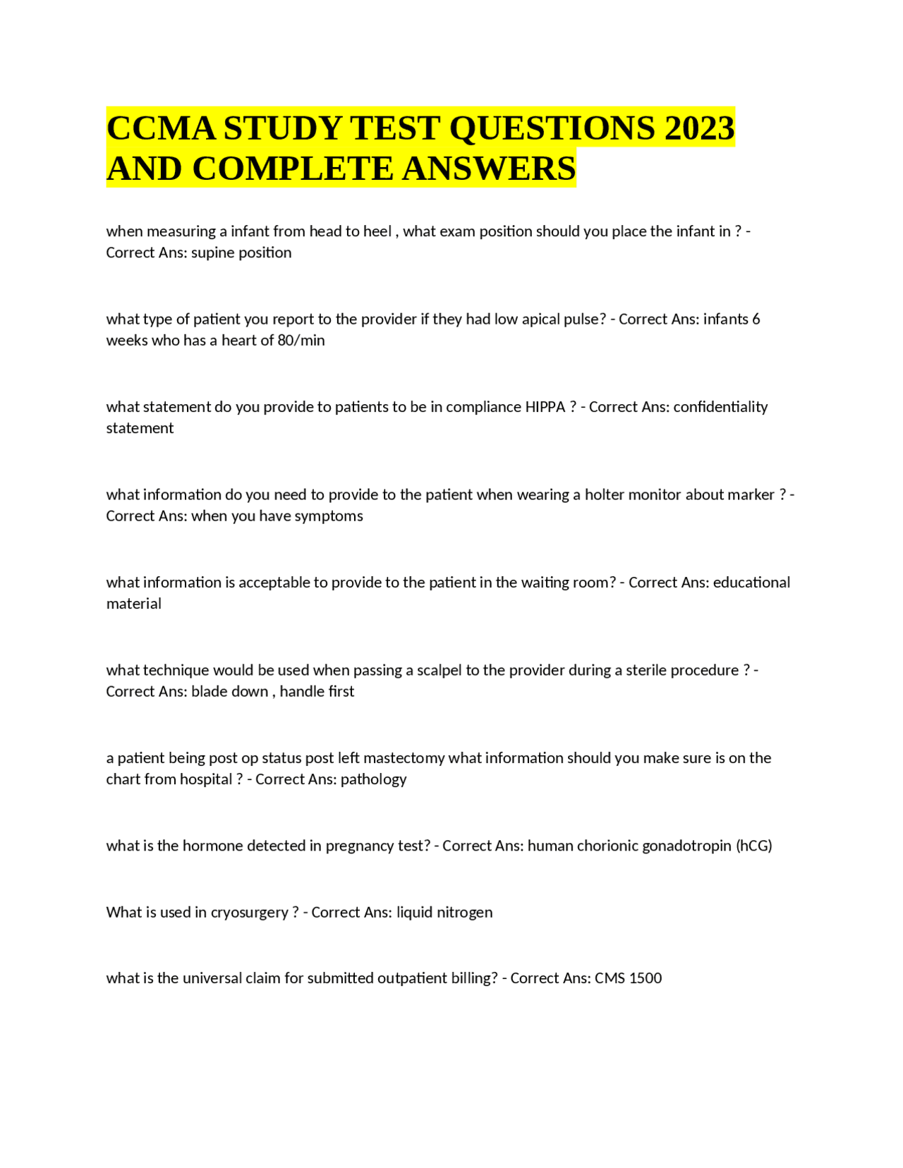CCMA STUDY TEST QUESTIONS 2023 AND COMPLETE ANSWERS | Exams Nursing ...