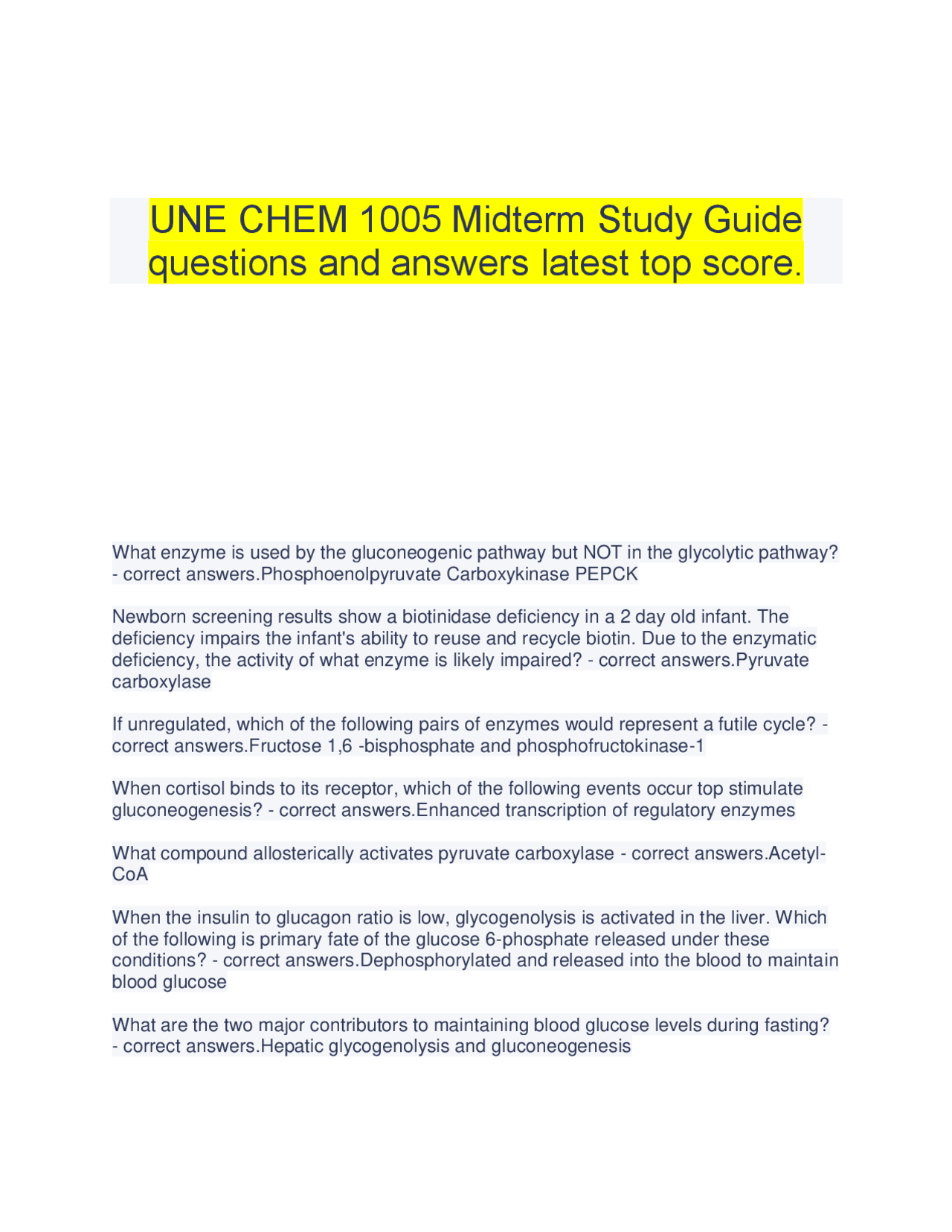 CHEM 1005 Midterm Study Guide: Biochemistry Questions and Answers ...