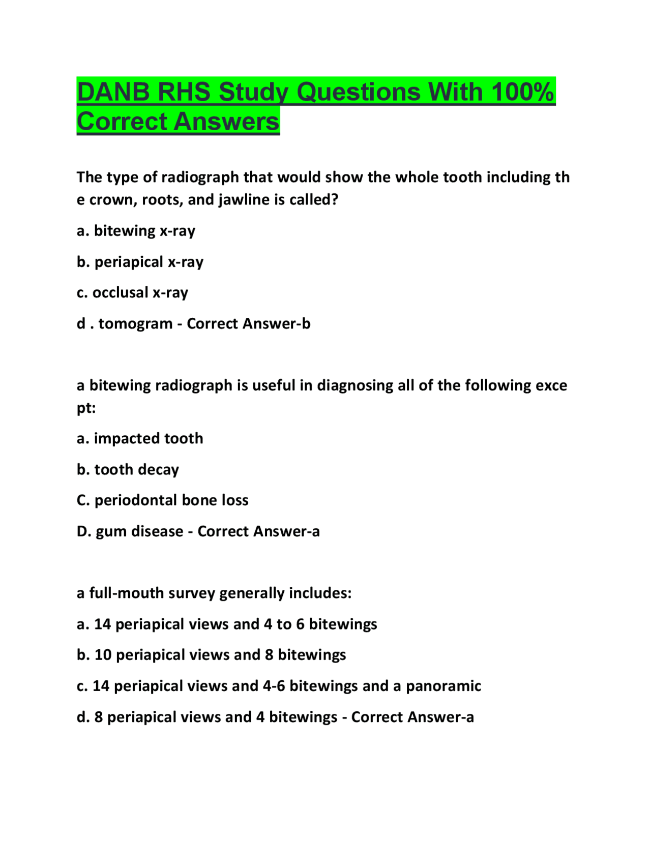 Dental Radiography Study Questions and Answers | Exams Advanced ...