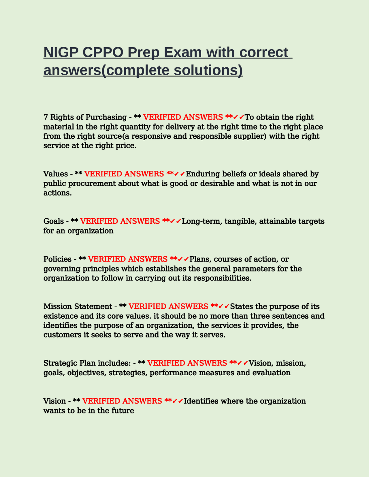 NIGP CPPO Prep Exam with correct answers(complete solutions) | Exams Nursing | Docsity