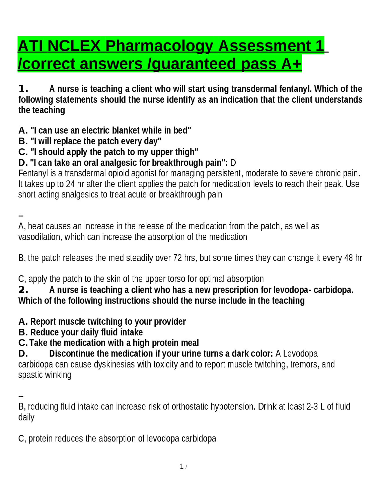 ATI NCLEX Pharmacology Assessment 1 /correct answers /guaranteed pass ...