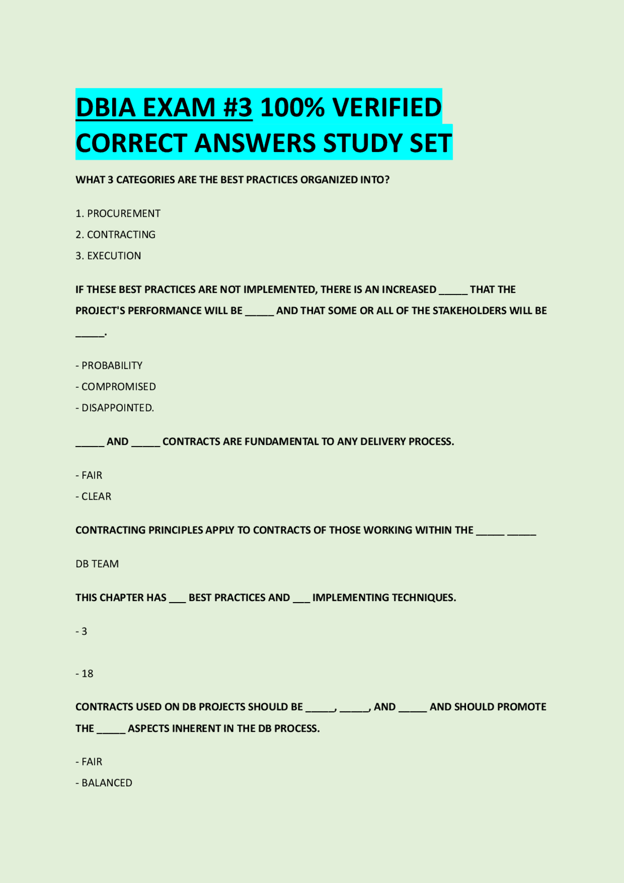 DBIA EXAM #3 100% VERIFIED CORRECT ANSWERS STUDY SET | Exams ...